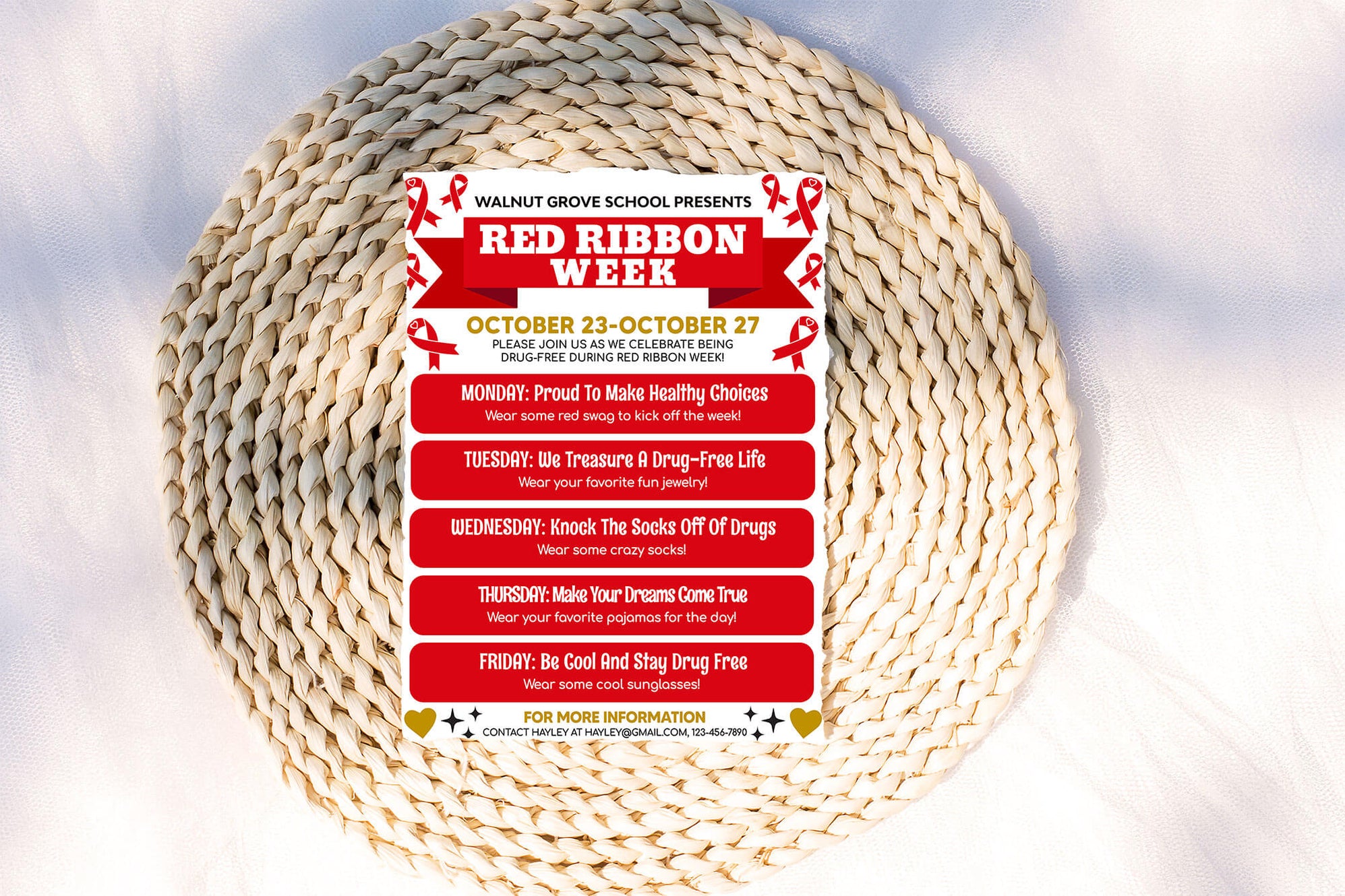 Red Ribbon Week Itinerary Flyer Template | Drug Free School Spirit Week ...