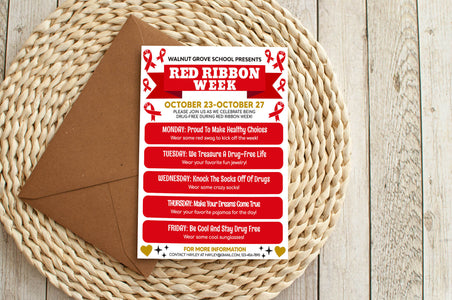 Red Ribbon Week Itinerary Flyer Template | Drug Free School Spirit Week ...