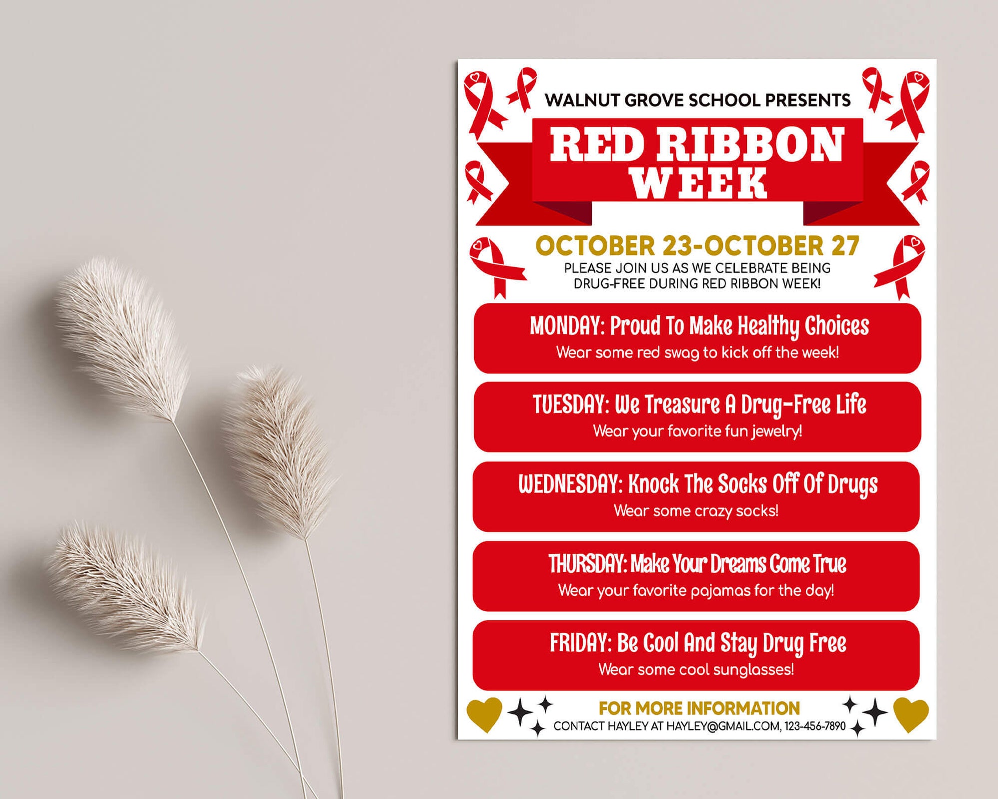 Red Ribbon Week Itinerary Flyer Template | Drug Free School Spirit Week ...