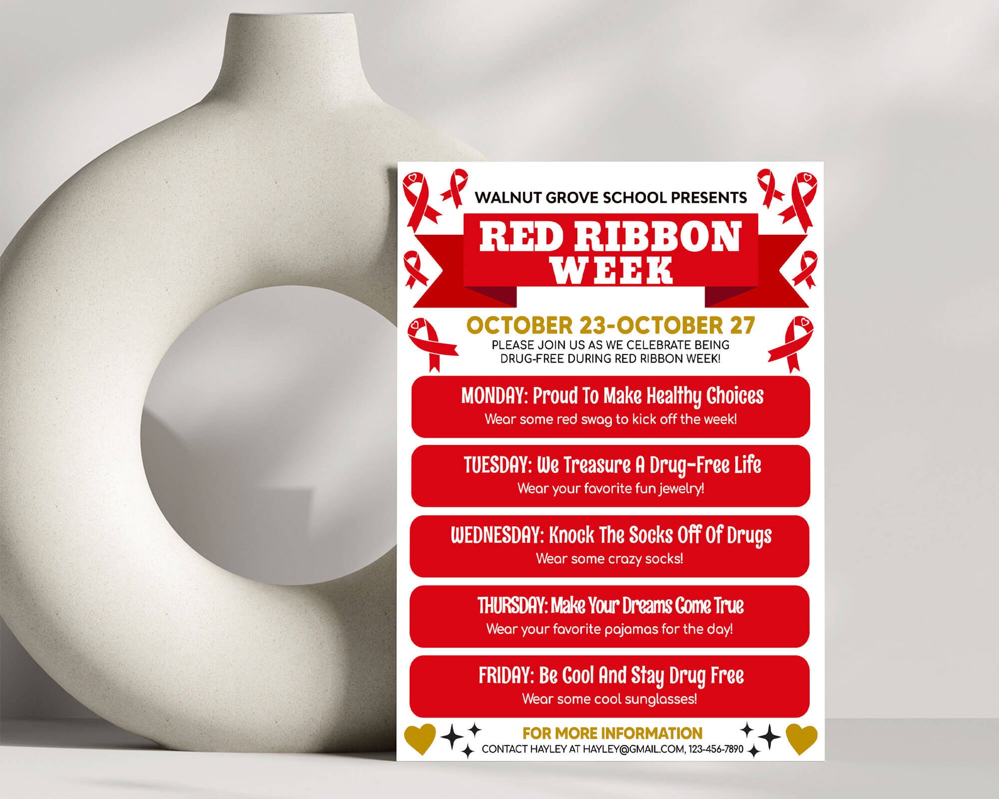 Red Ribbon Week Itinerary Flyer Template | Drug Free School Spirit Week ...
