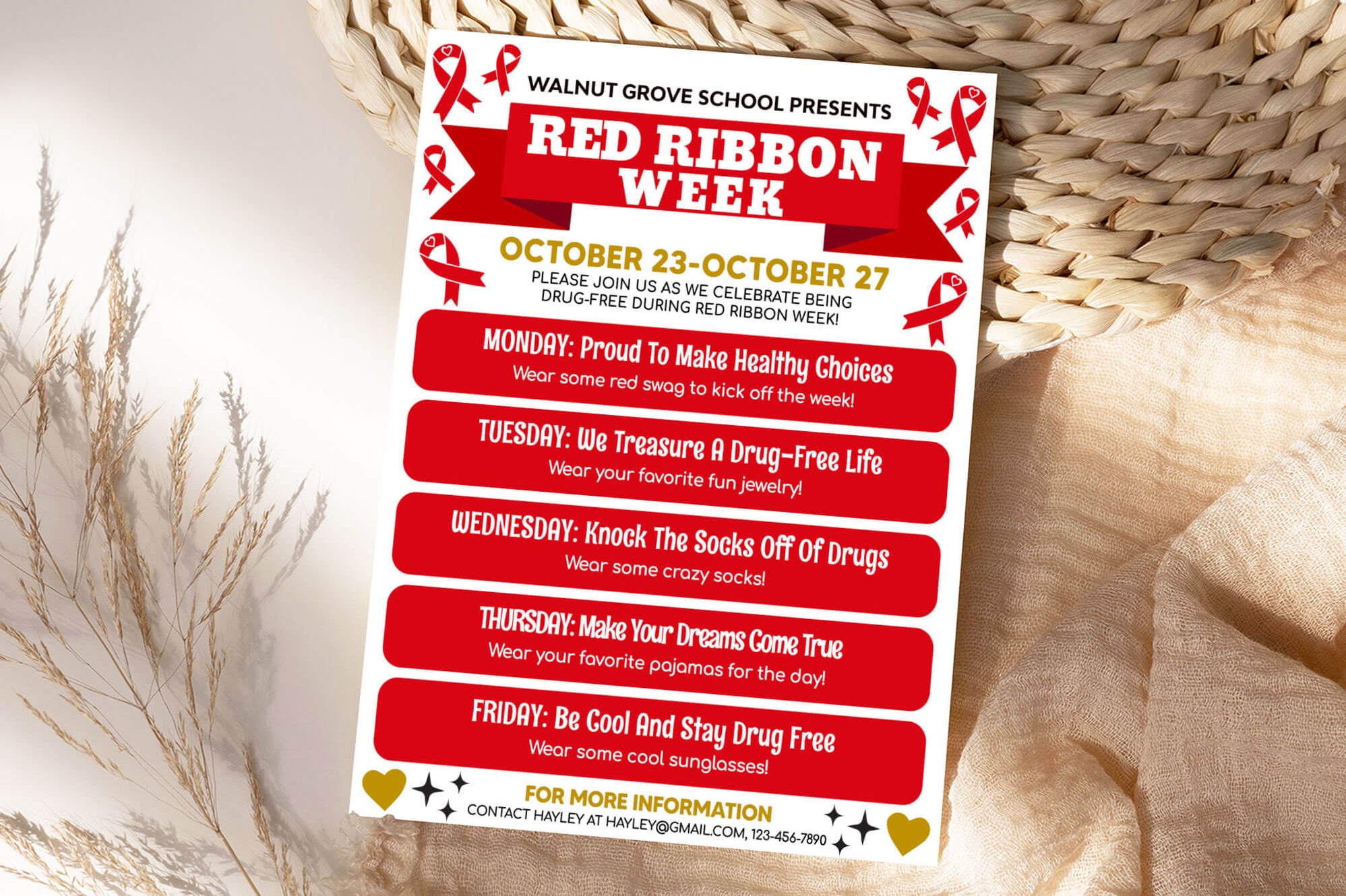 Red Ribbon Week Itinerary Flyer Template | Drug Free School Spirit Week ...
