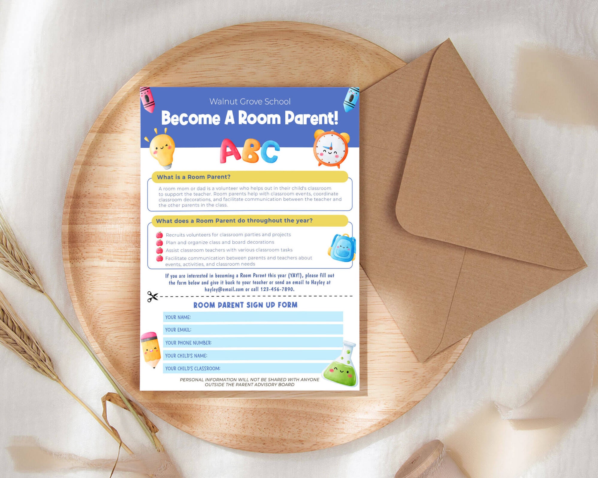 DIY Room Parent Form Flyer | School PTO PTA Volunteer Sign Up Form ...