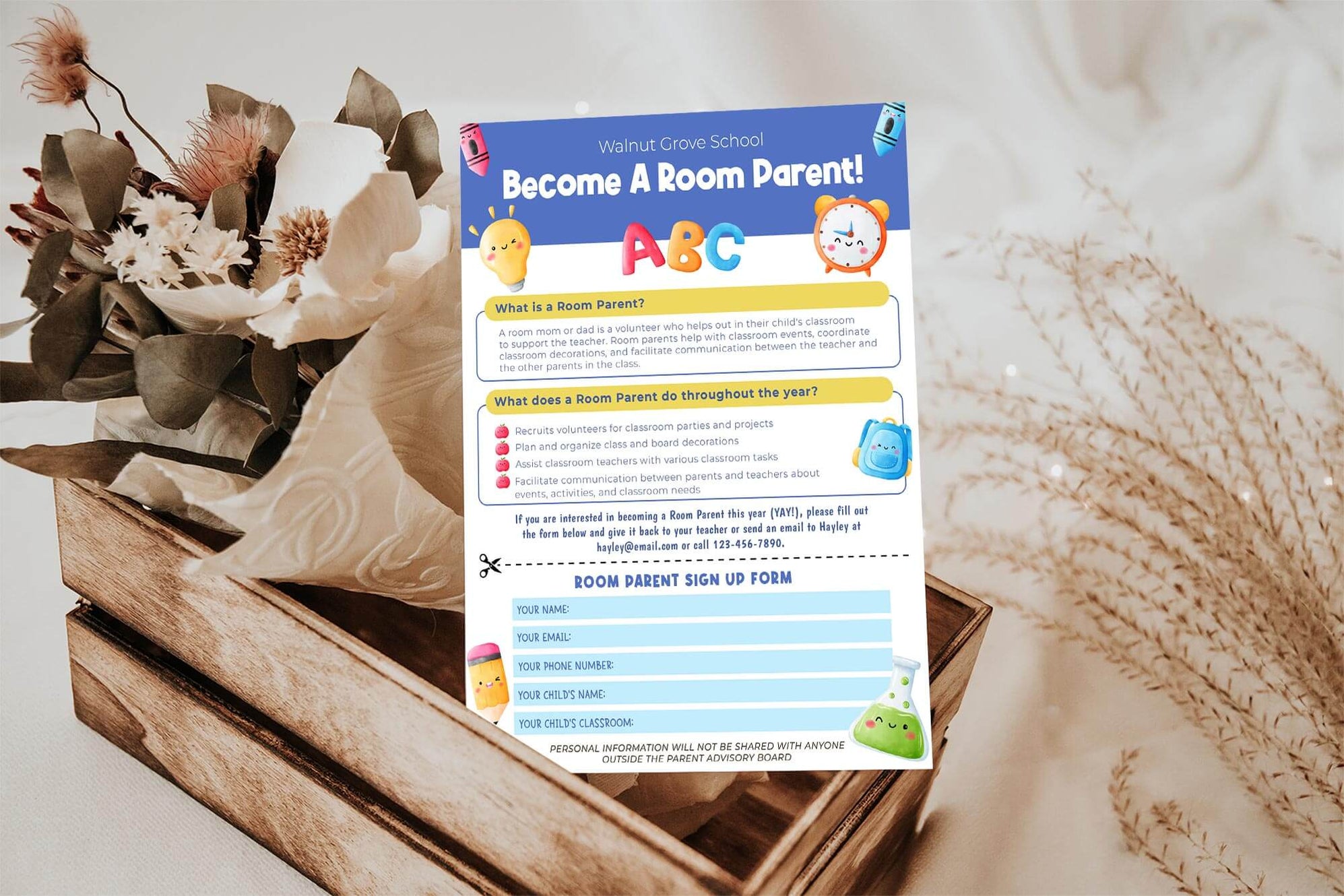 DIY Room Parent Form Flyer | School PTO PTA Volunteer Sign Up Form ...