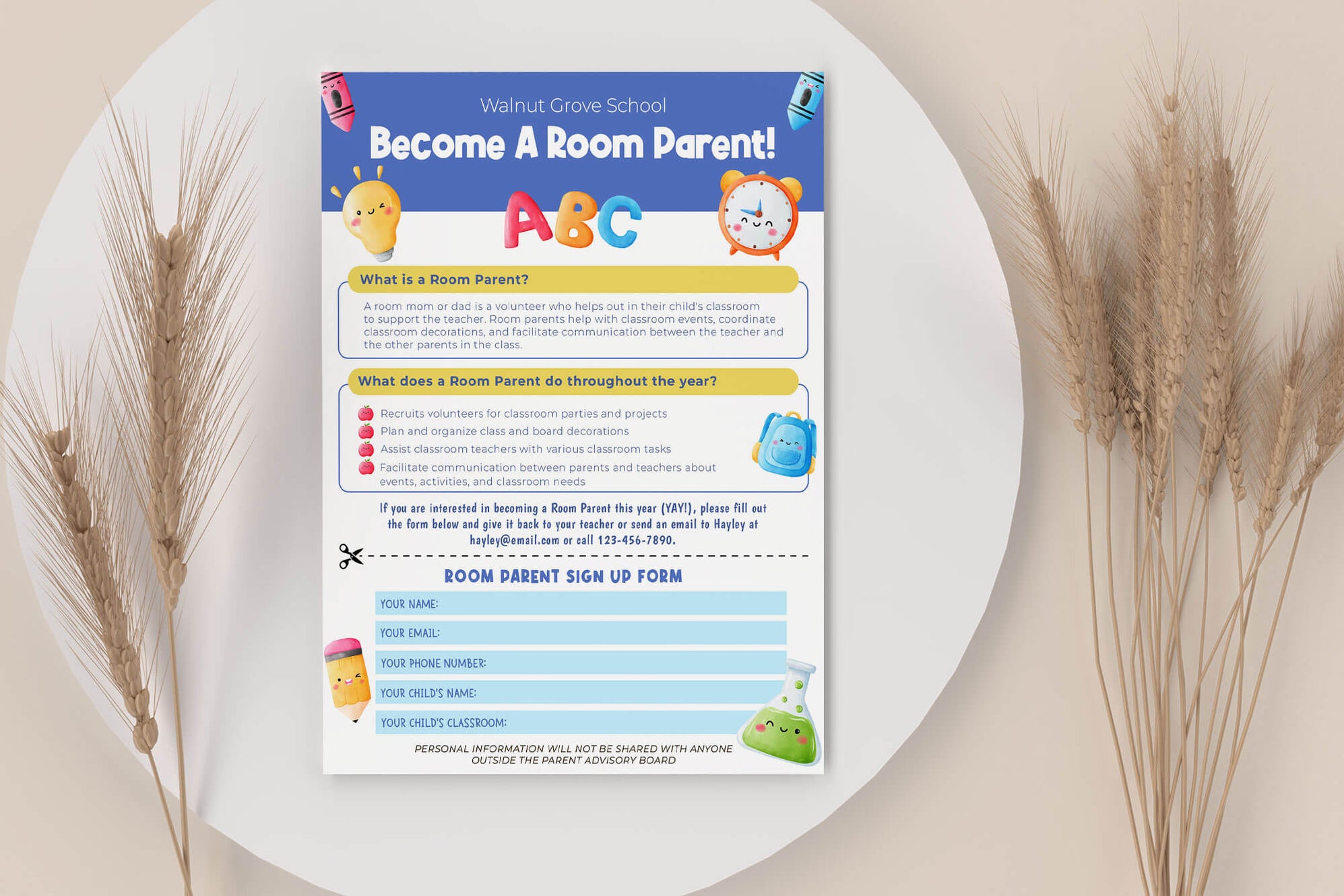 DIY Room Parent Form Flyer | School PTO PTA Volunteer Sign Up Form ...