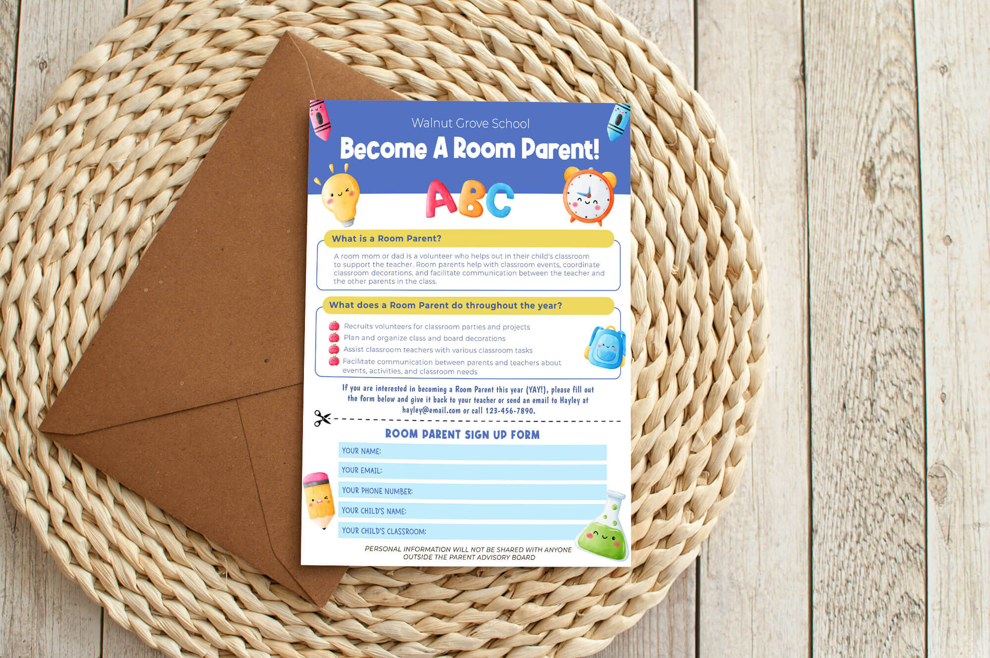 DIY Room Parent Form Flyer | School PTO PTA Volunteer Sign Up Form ...