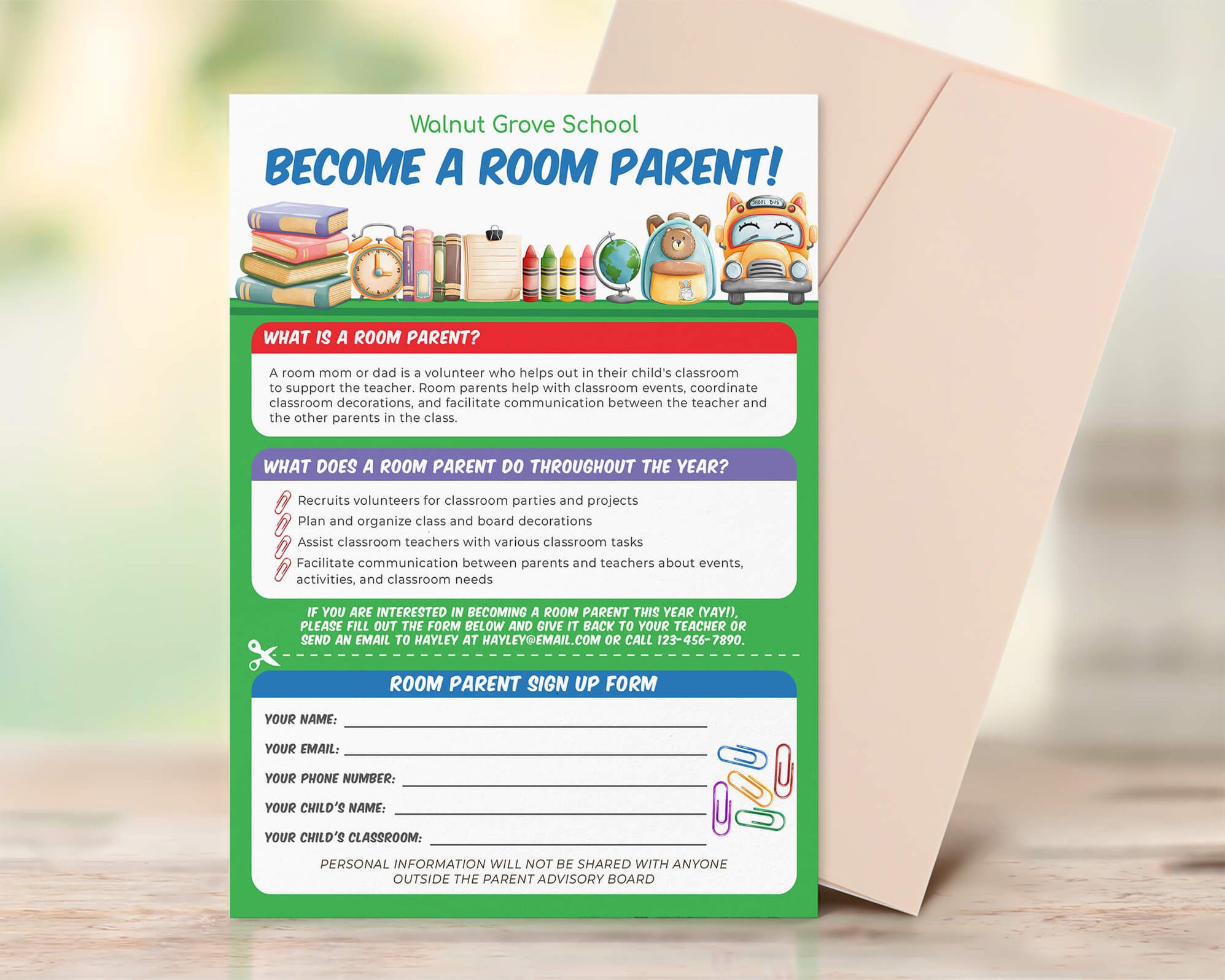 Customizable Room Parent Form Flyer Template | PTO PTA School Daycare ...
