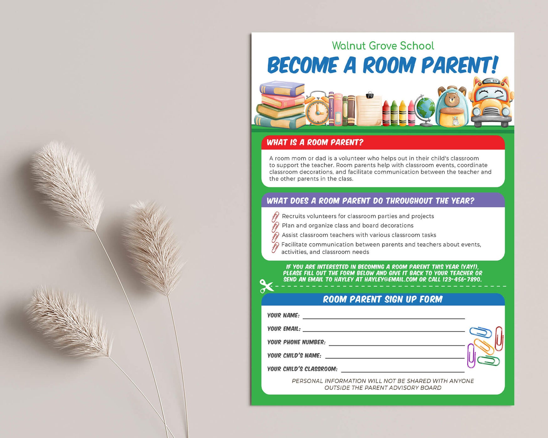 Customizable Room Parent Form Flyer Template | PTO PTA School Daycare ...