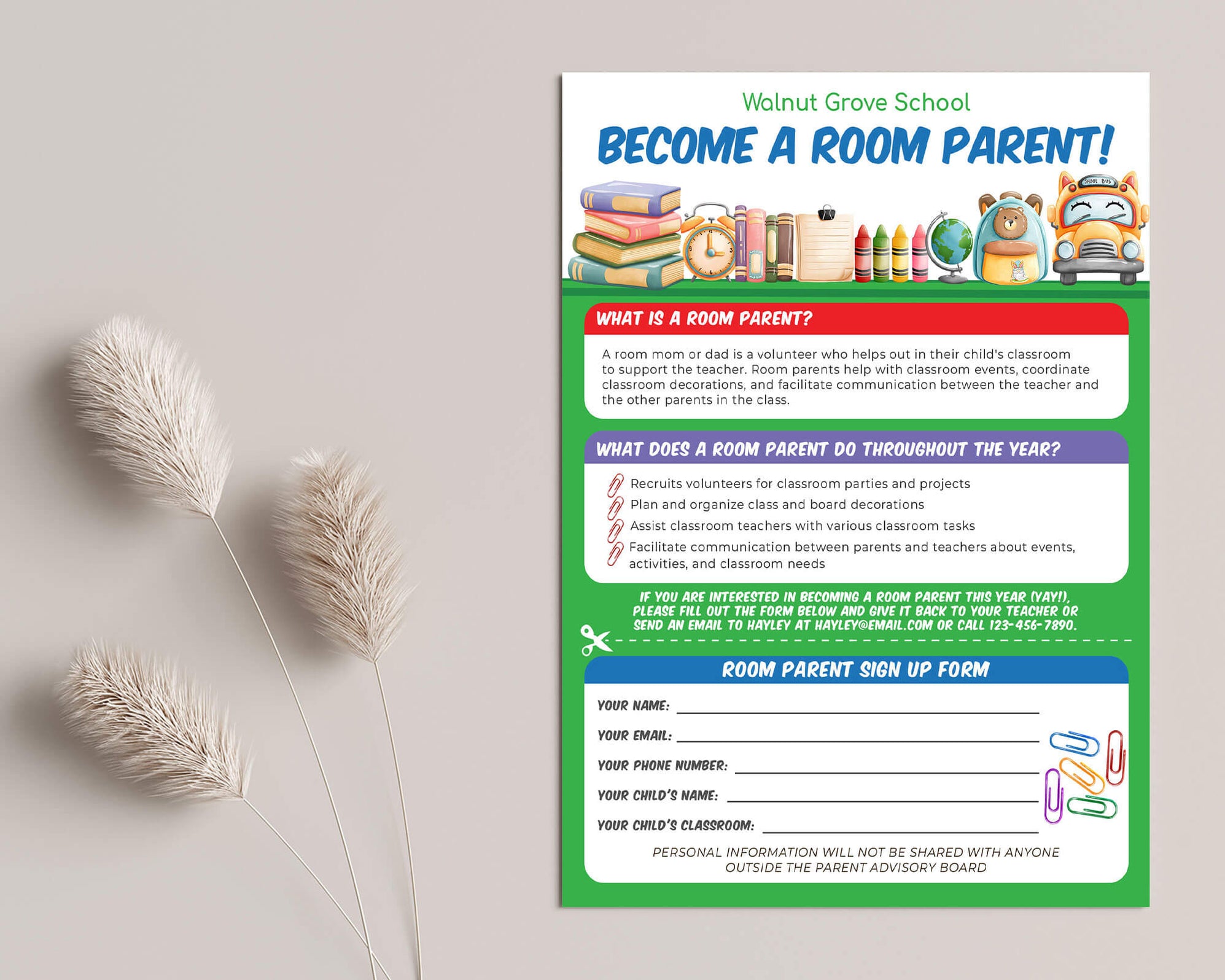 Customizable Room Parent Form Flyer Template | PTO PTA School Daycare ...