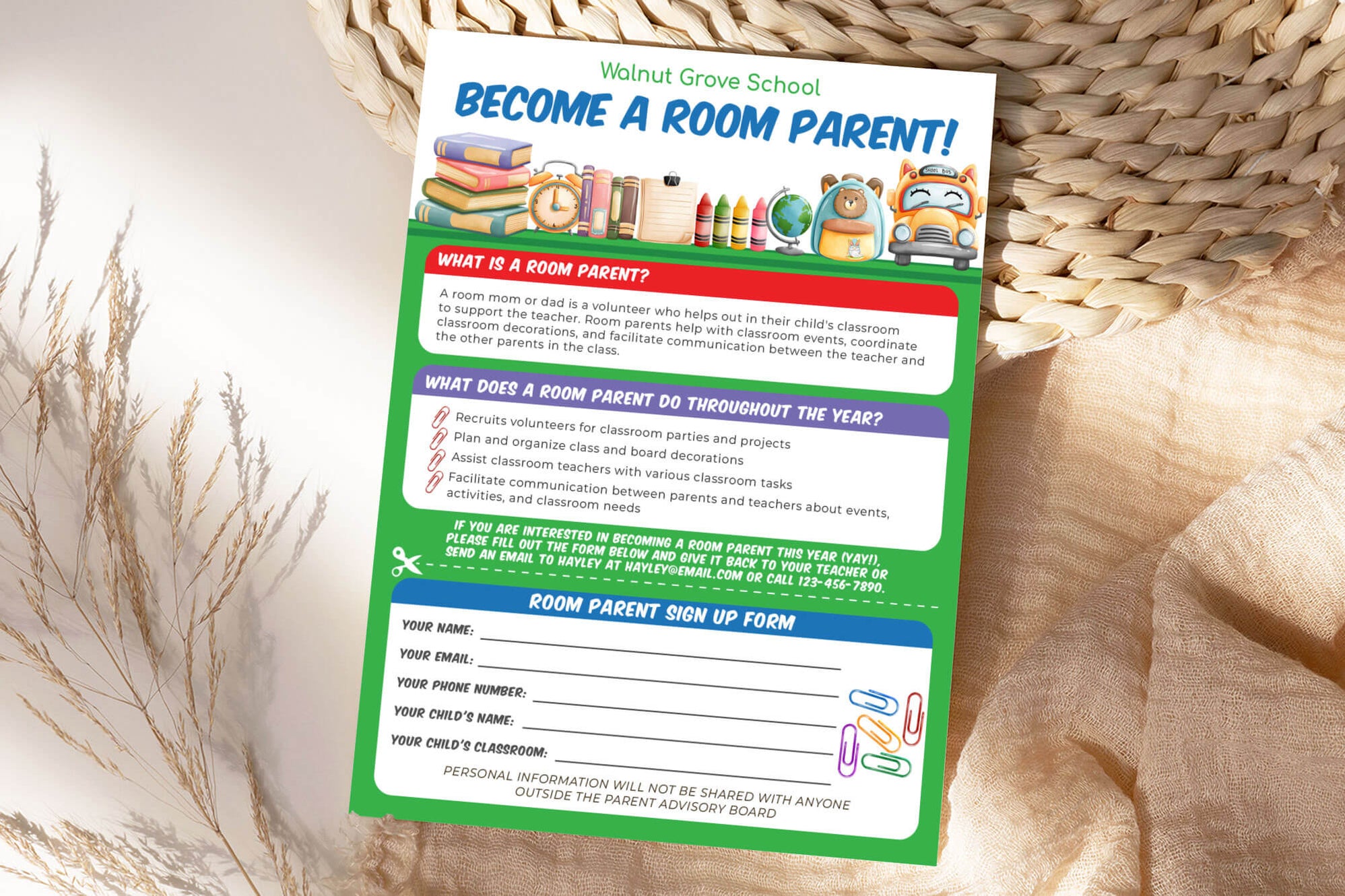 Customizable Room Parent Form Flyer Template | PTO PTA School Daycare ...