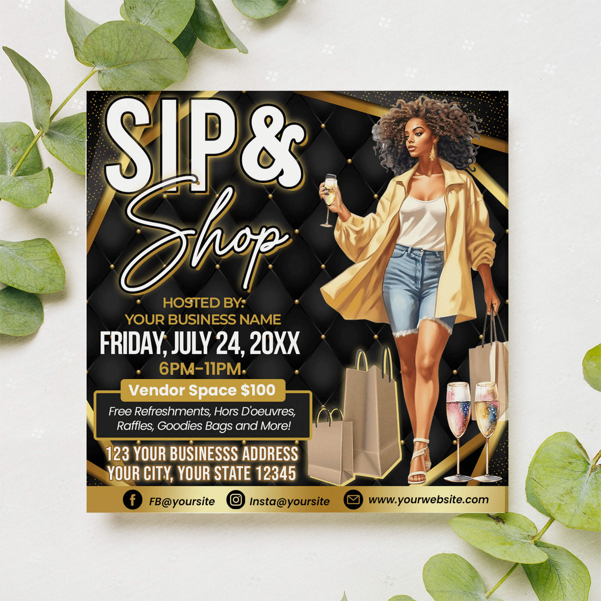 Sip and Shop Flyer | Boutique Pop Up Shop Event Invite Template - Posh Park