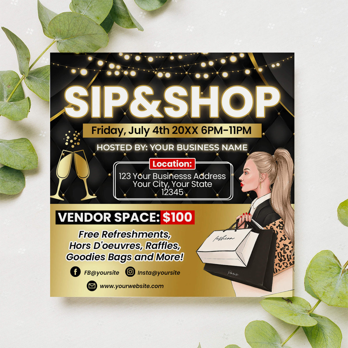 DIY Sip and Shop Flyer | Pop Up Boutique Shopping Event Invitation ...