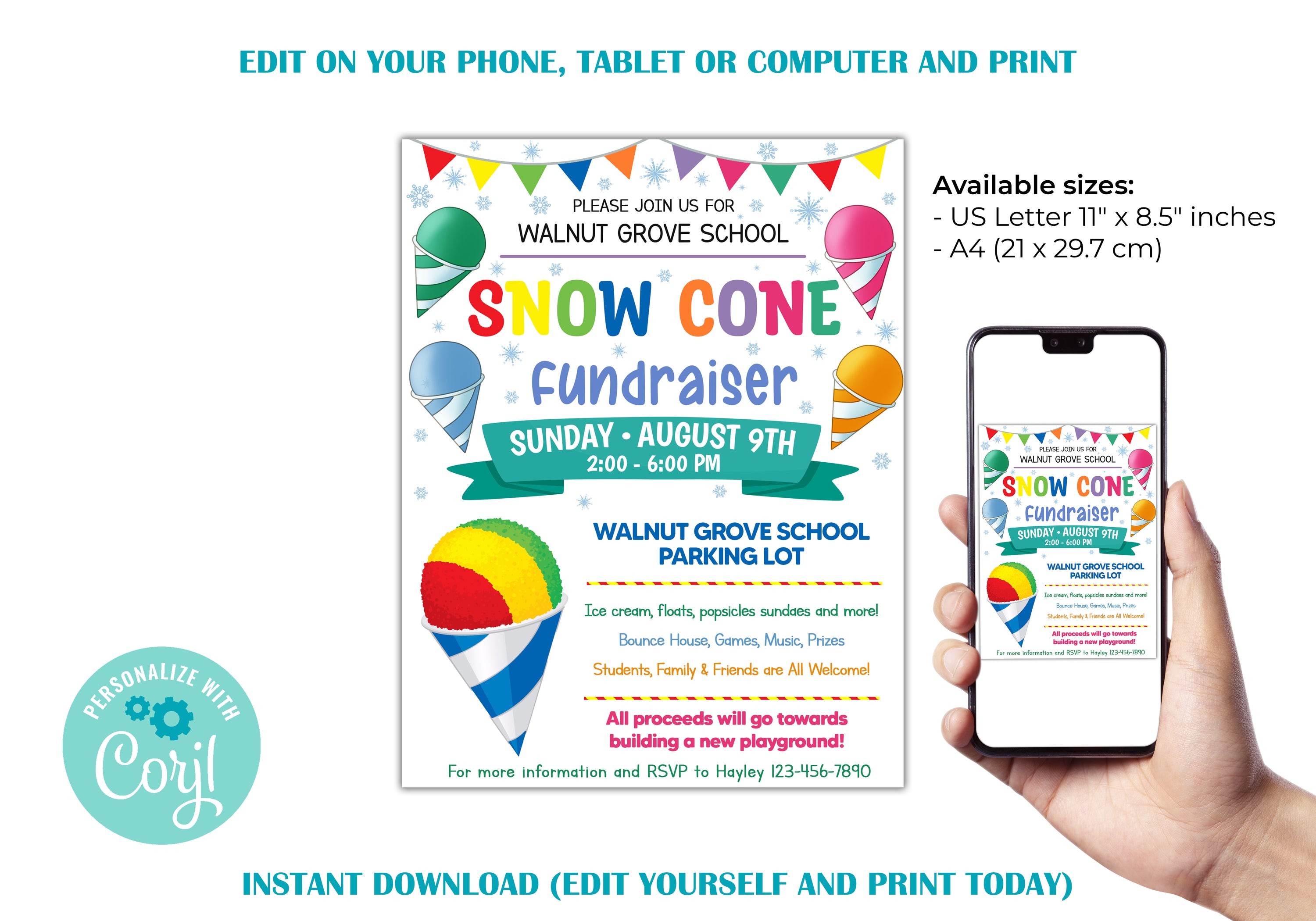 DIY Snow Cone Fundraiser Flyer Template | Summer PTO PTA School ...