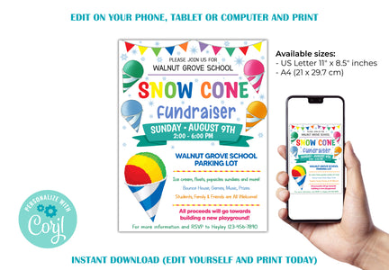 DIY Snow Cone Fundraiser Flyer Template | Summer PTO PTA School ...