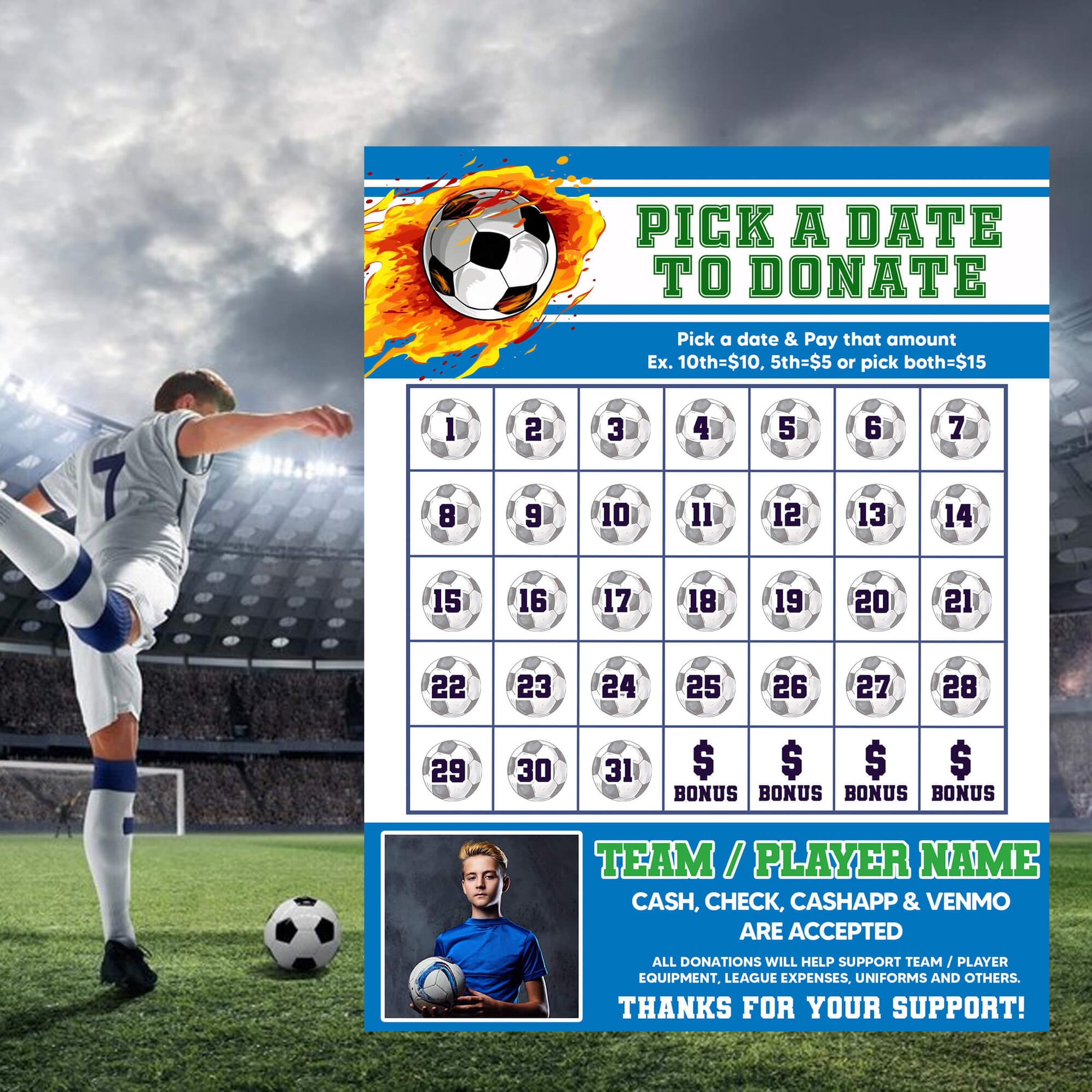 Team Sports Soccer Player Donation Calendar | Pick a Date to Donate ...