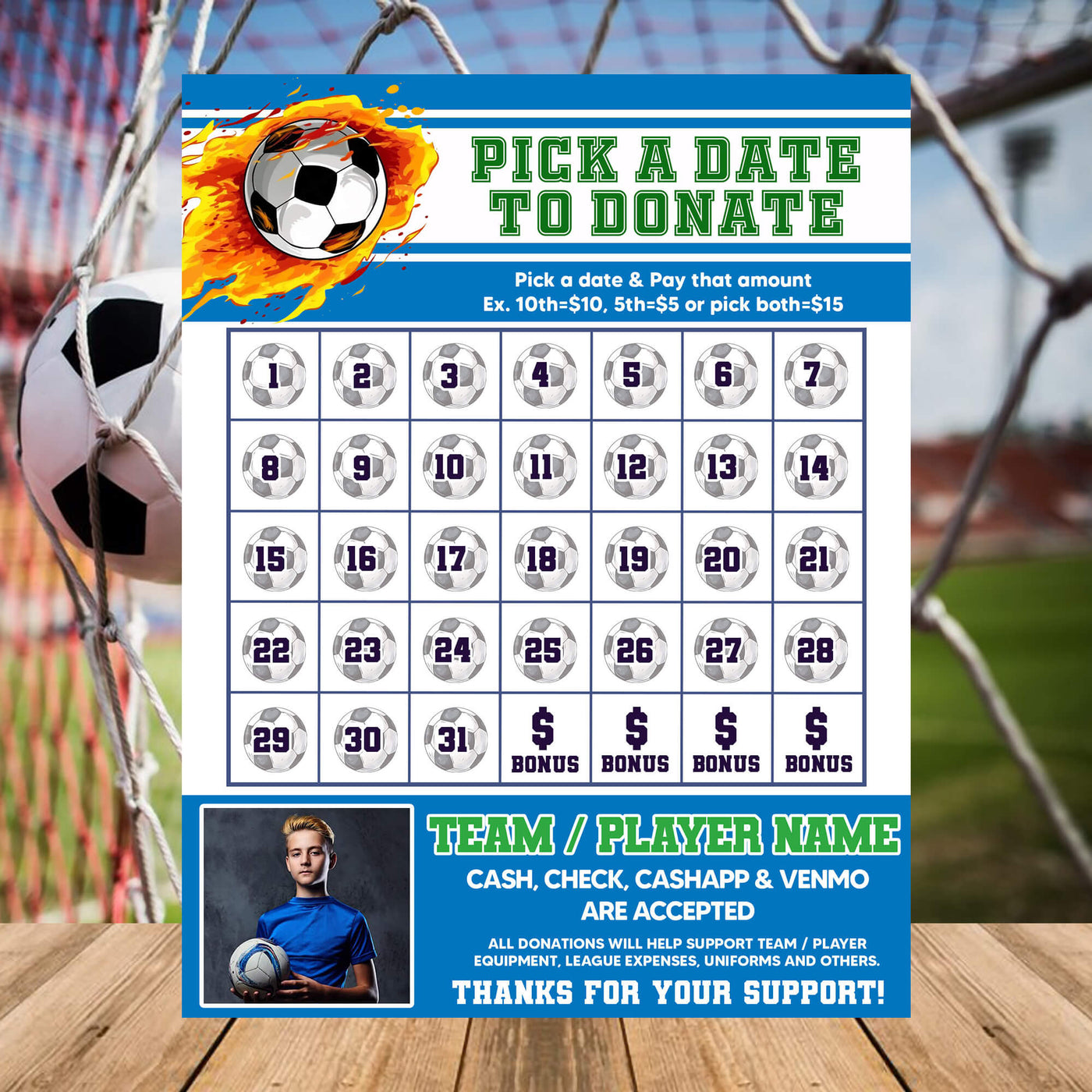 Team Sports Soccer Player Donation Calendar | Pick a Date to Donate ...