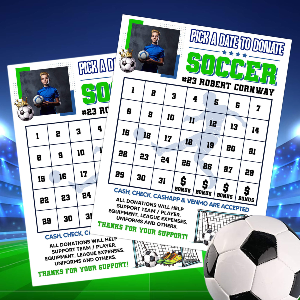 Soccer Football Fundraising Donation Calendar | Sports Fundraiser Pick ...