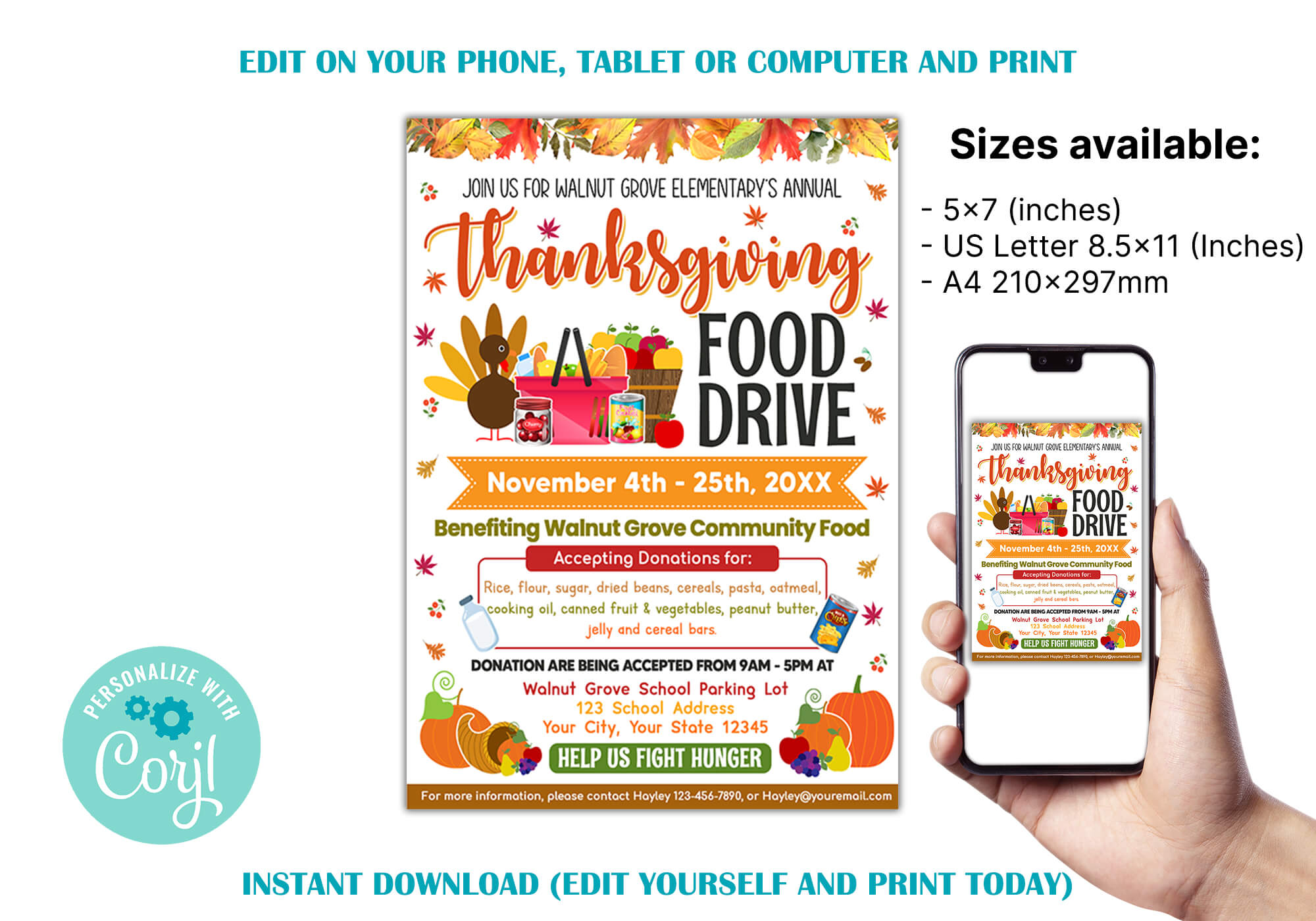 DIY Thanksgiving Food Drive Flyer | School and Community Food Drive ...