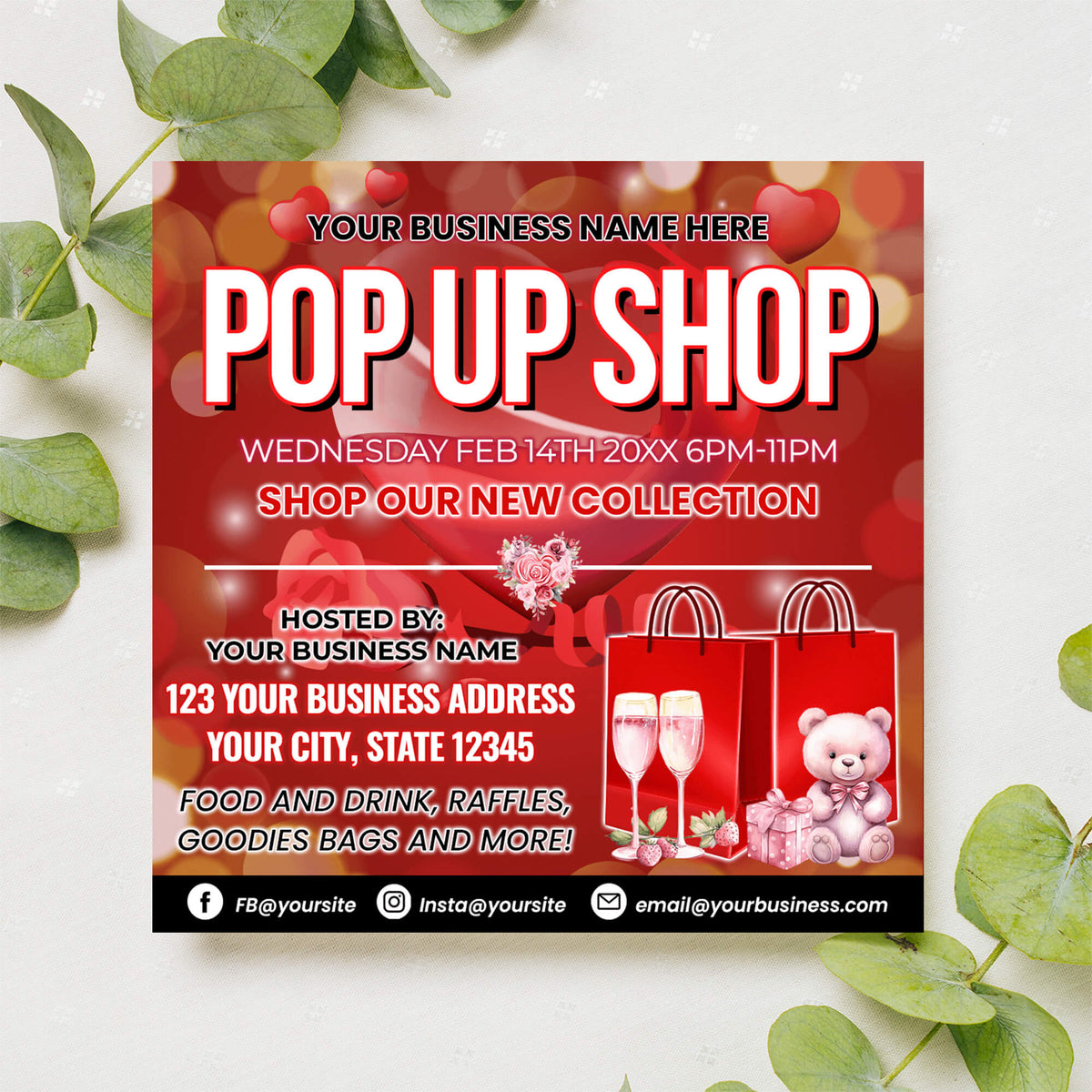 Pop Up Shop Flyer For Valentine | Sip and Shop Boutique Shopping Invite ...