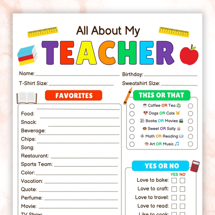 DIY All About My Teacher Favorite Things Questionnaire | Back To School ...