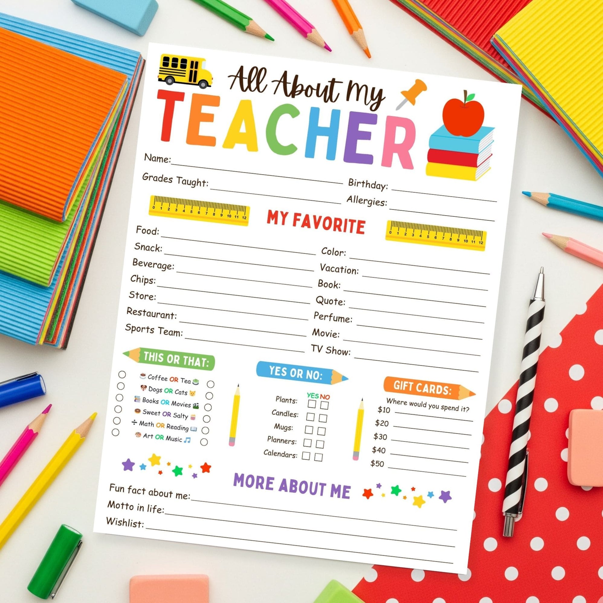 DIY All About My Teacher Favorite Things Questionnaire | Back To School ...