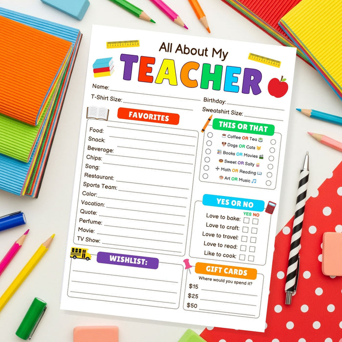 DIY All About My Teacher Favorite Things Questionnaire | Back To School ...