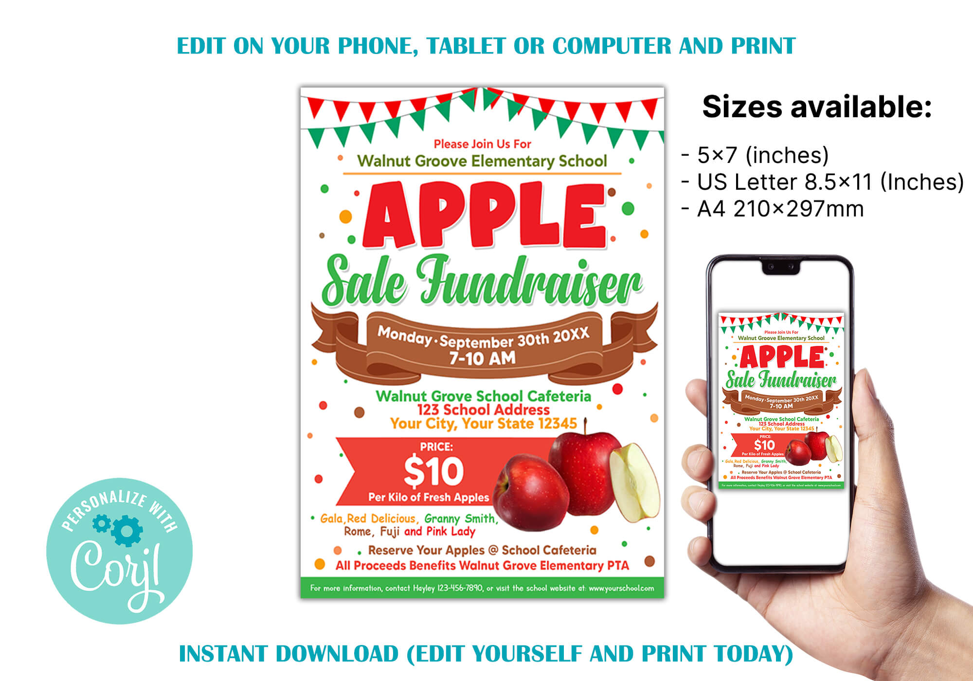 DIY Apple Sale Fundraiser Flyer | School Fundraising Sale Event Flyer ...