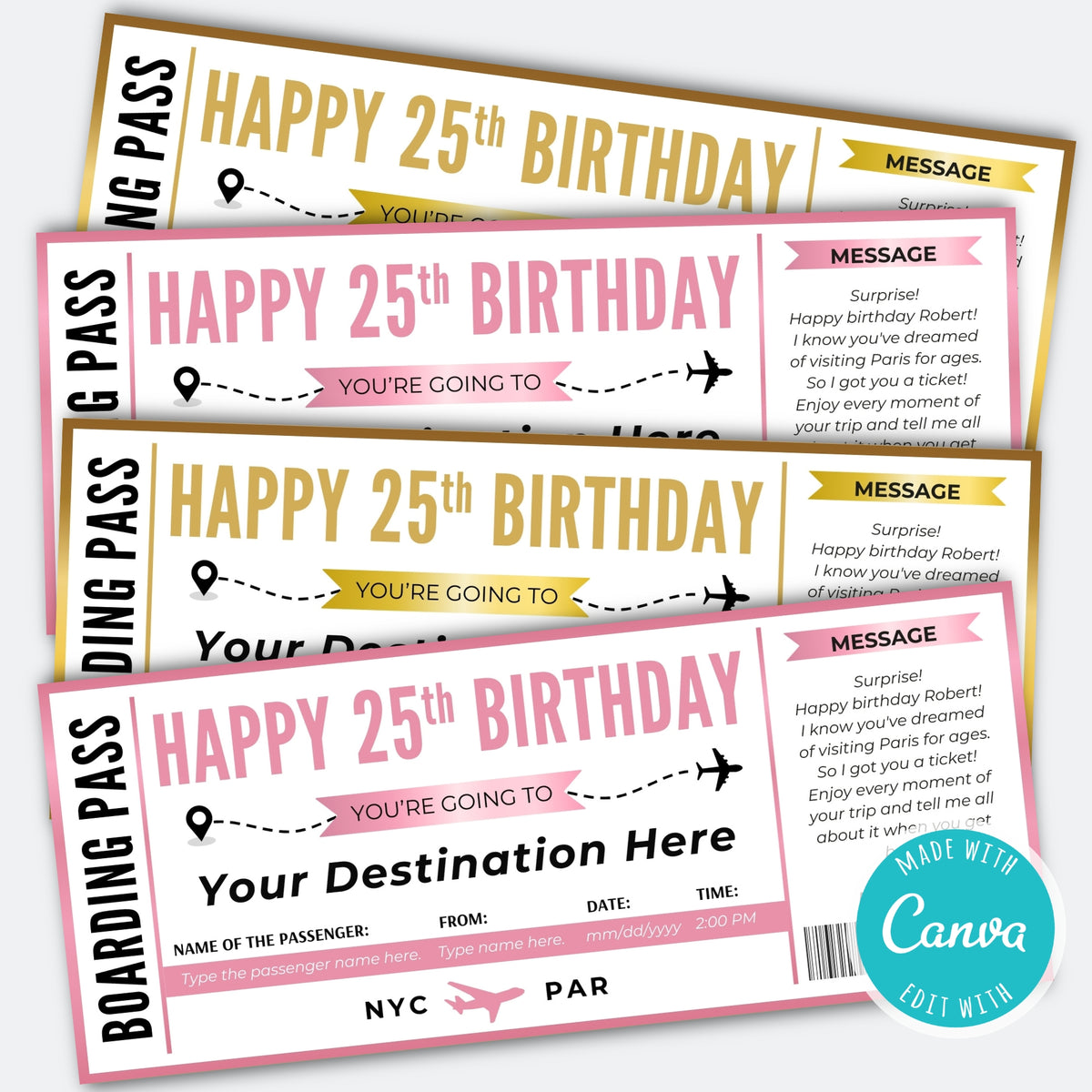 Customizable Surprise Travel Boarding Pass Ticket Voucher | Gold and ...