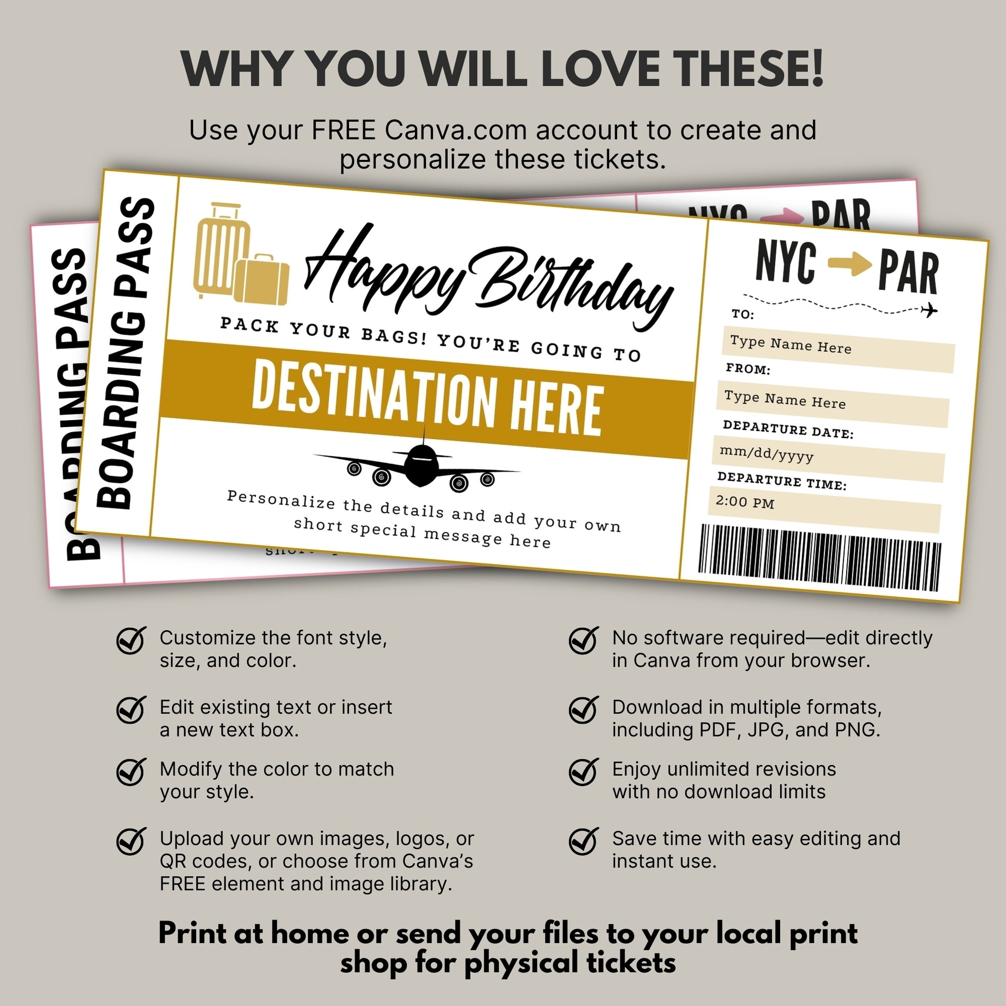 DIY Travel Gift Boarding Pass Template | Surprise Birthday Trip Voucher ...