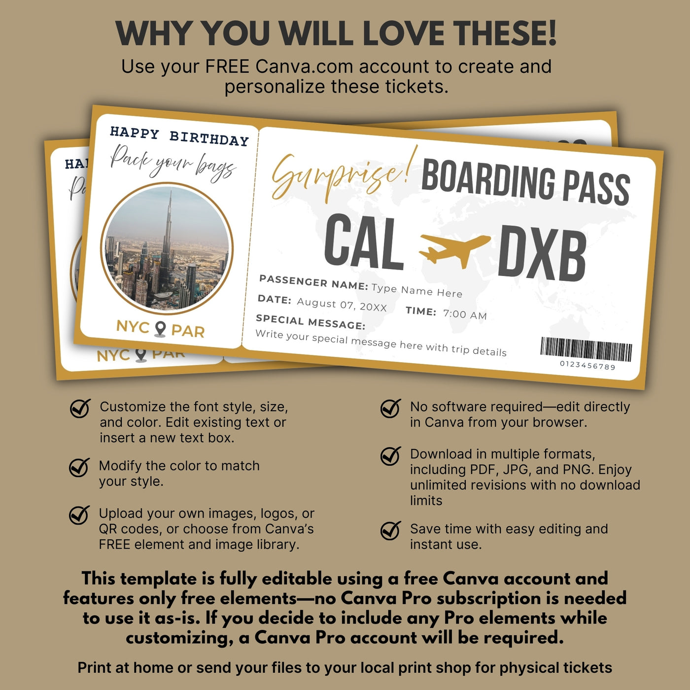 Customizable Trip Reveal Boarding Pass Style Ticket | Surprise Travel ...