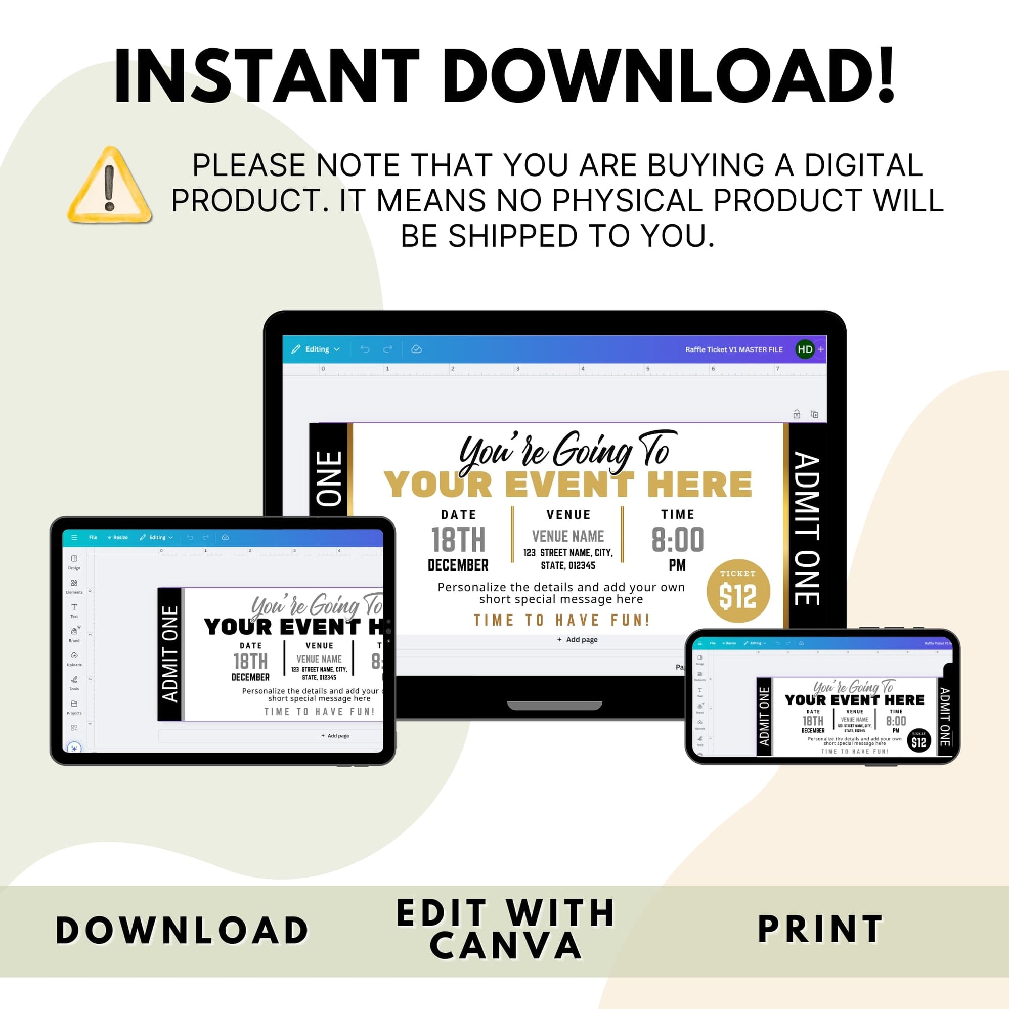 DIY Event Ticket Printable Template | Surprise Gift Ticket Black and ...
