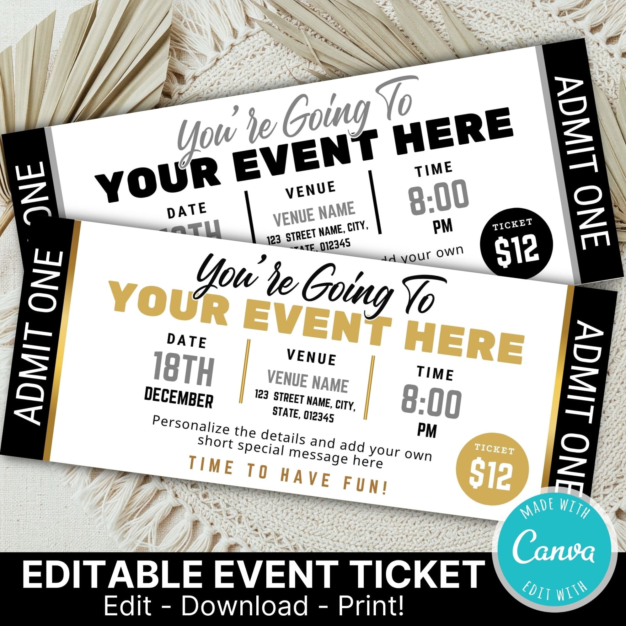 DIY Event Ticket Printable Template | Surprise Gift Ticket Black and ...