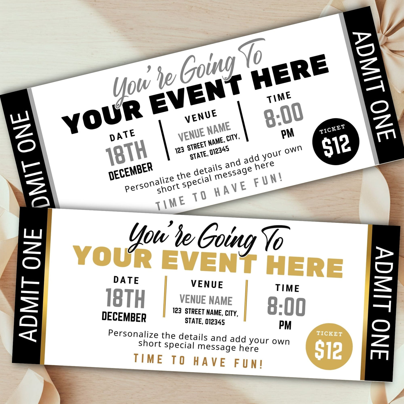 DIY Event Ticket Printable Template | Surprise Gift Ticket Black and ...
