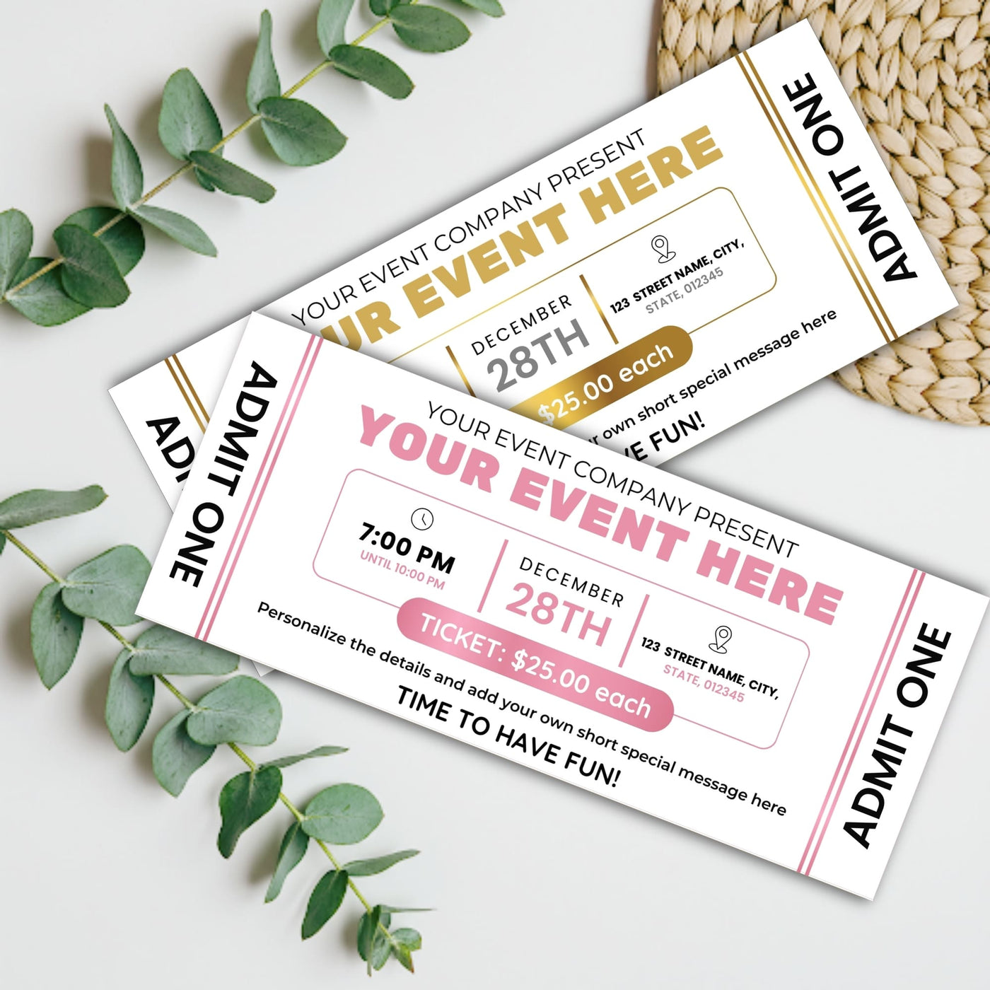 Customizable Surprise Event Ticket Template | Gift Ticket Gold and Rose ...