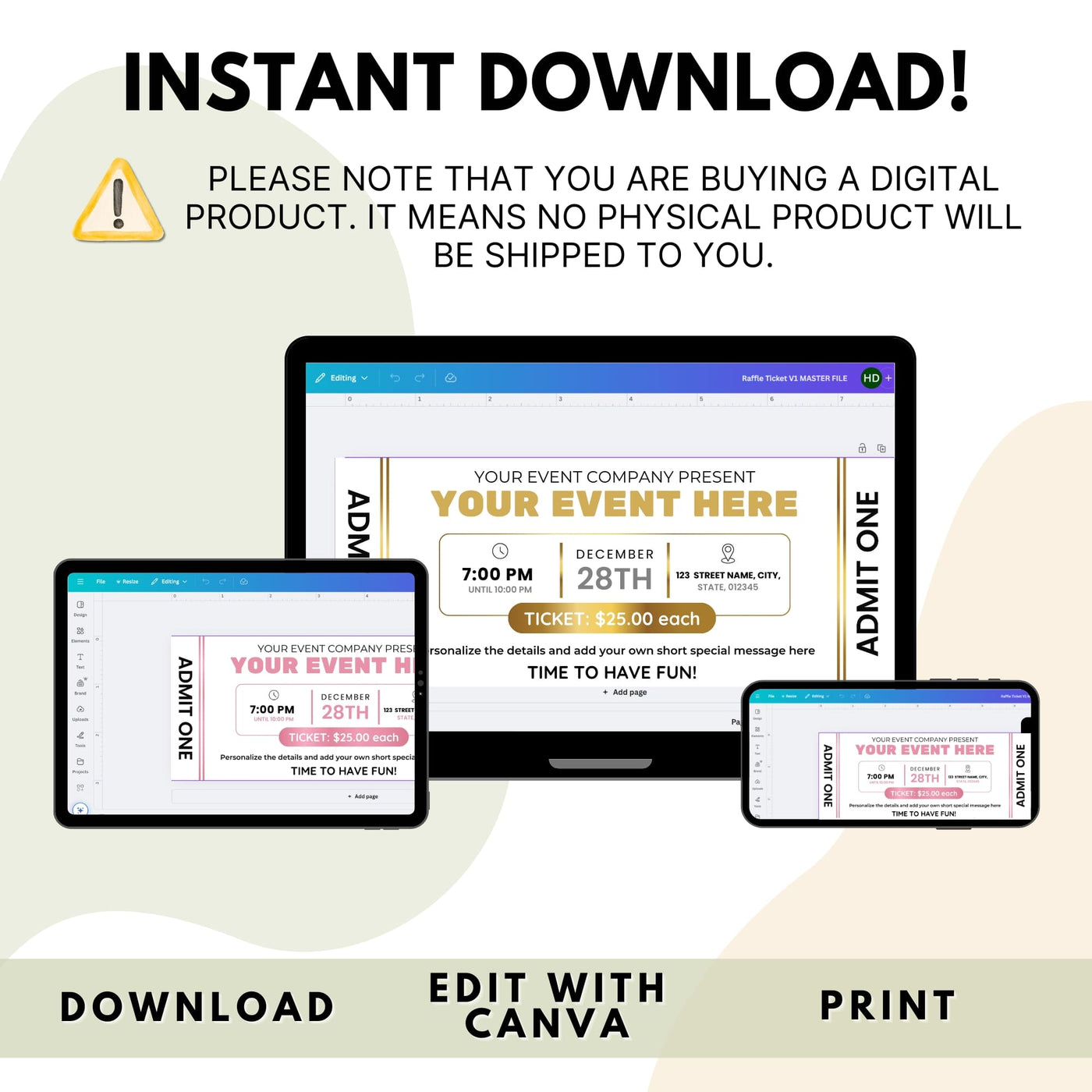 Customizable Surprise Event Ticket Template | Gift Ticket Gold and Rose ...