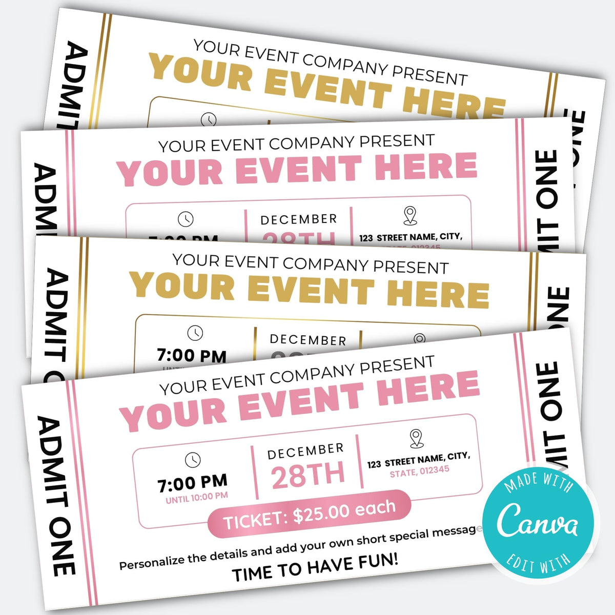 Customizable Surprise Event Ticket Template | Gift Ticket Gold and Rose ...