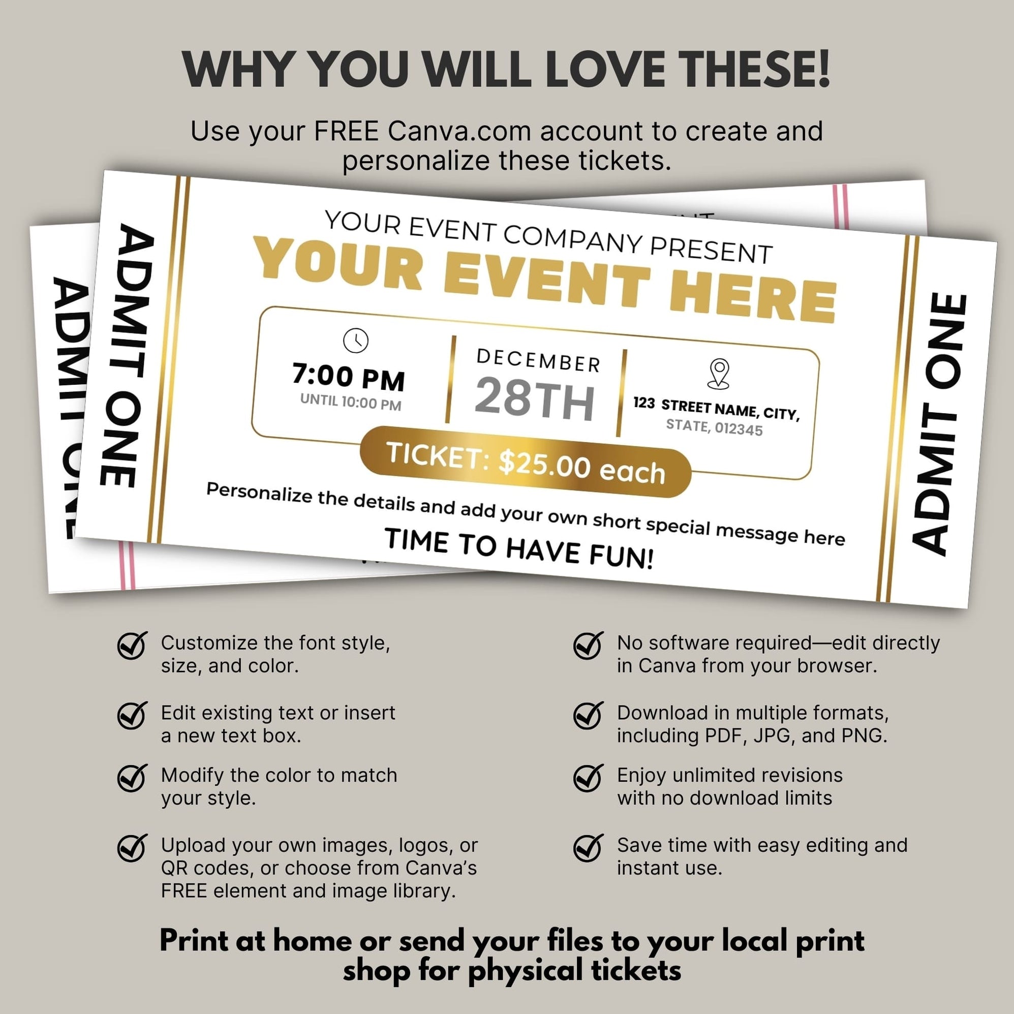 Customizable Surprise Event Ticket Template | Gift Ticket Gold and Rose ...