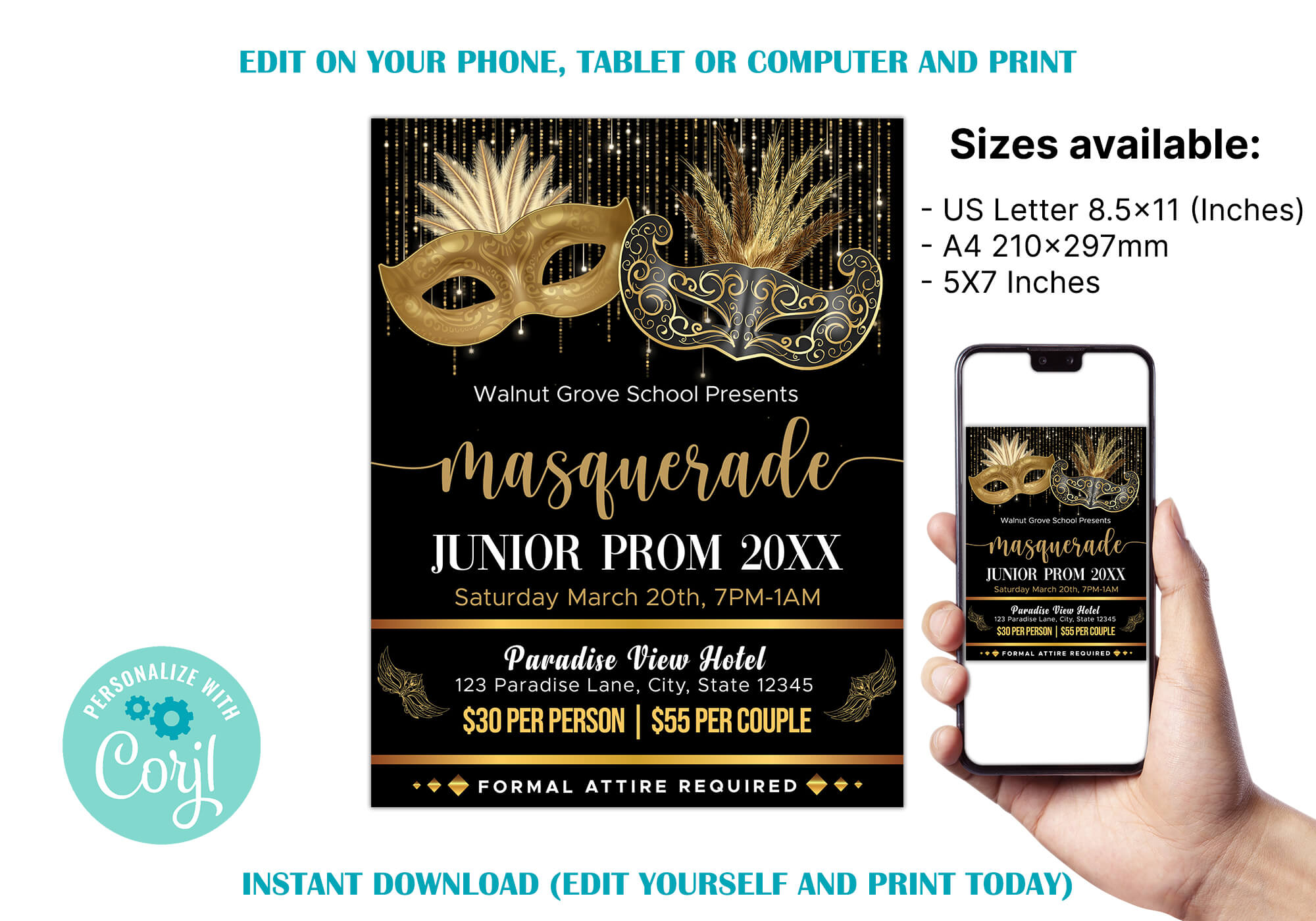 Customizable Masquerade Junior Prom Flyer | Masquerade Theme School ...