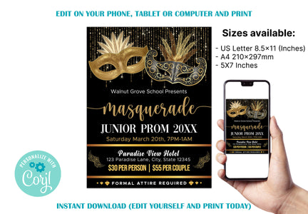 Customizable Masquerade Junior Prom Flyer | Masquerade Theme School ...