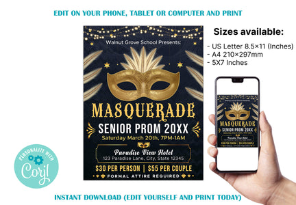 Customizable Masquerade Senior Prom Flyer | School Masquerade Theme ...