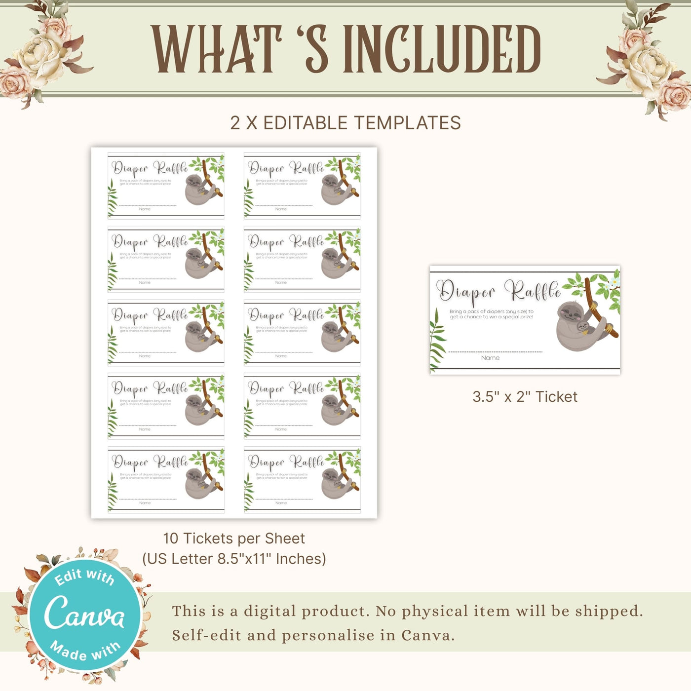 Customizable Cute Sloth Diaper Raffle Ticket | Animal Theme Baby Shower ...