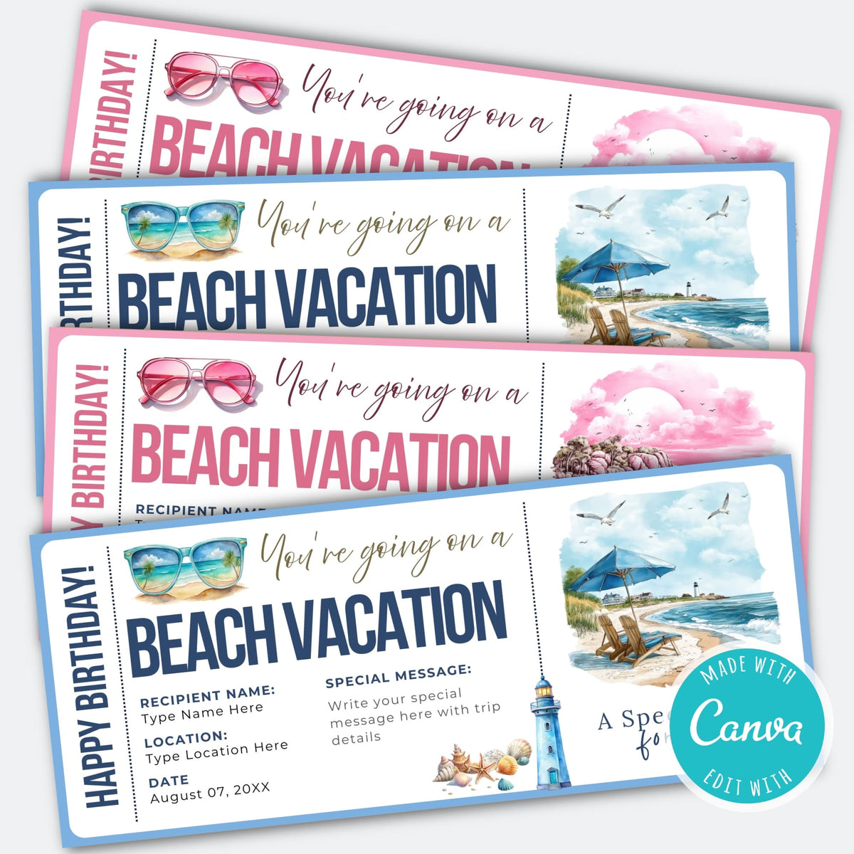 DIY Beach Surprise Boarding Pass Template | Blue and Pink Vacation Trip ...