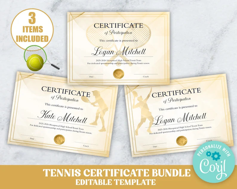Customizable Tennis Certificate Bundle | Set of 3 Tennis Sport Award ...