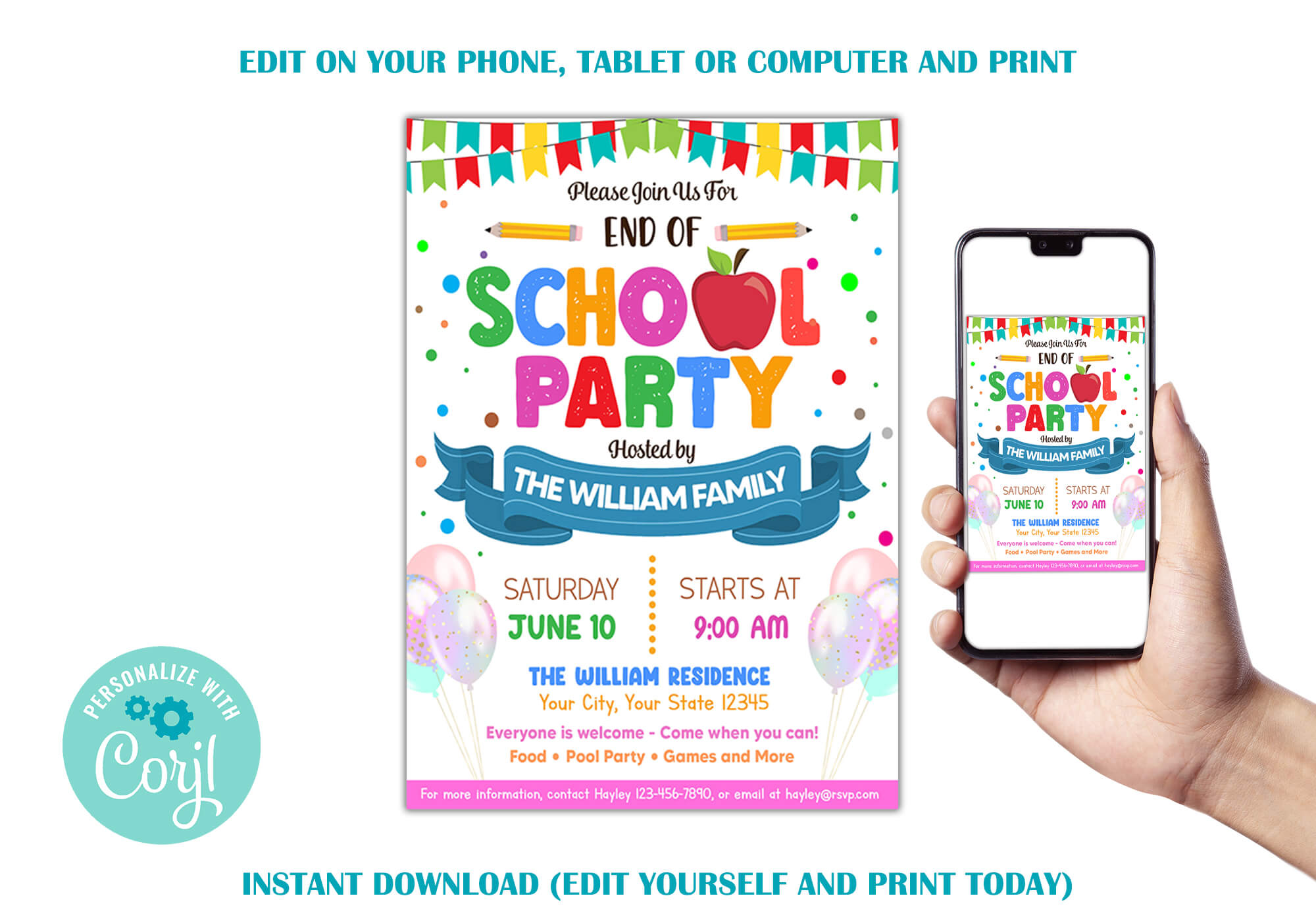 DIY End of School Party Invitation Template | End of School Year Summer ...