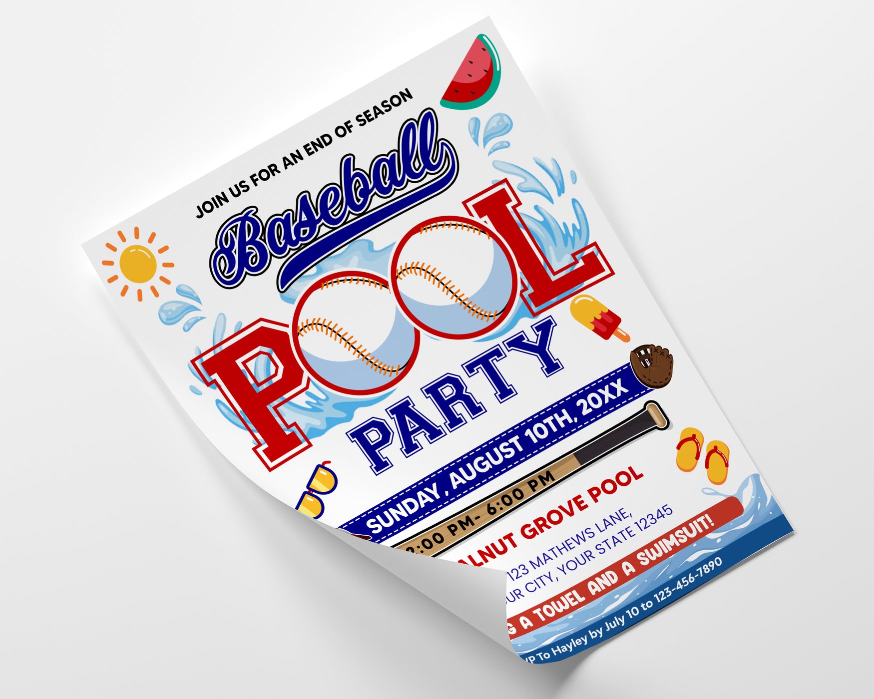 DIY End of Season Baseball Pool Party Flyer Template | Sports Pool ...