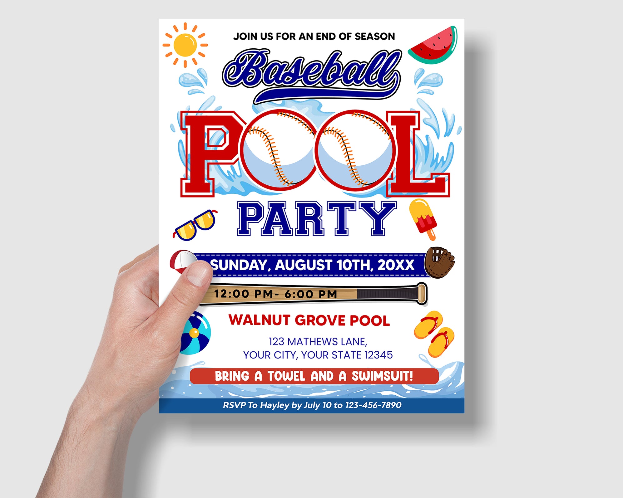 DIY End of Season Baseball Pool Party Flyer Template | Sports Pool ...