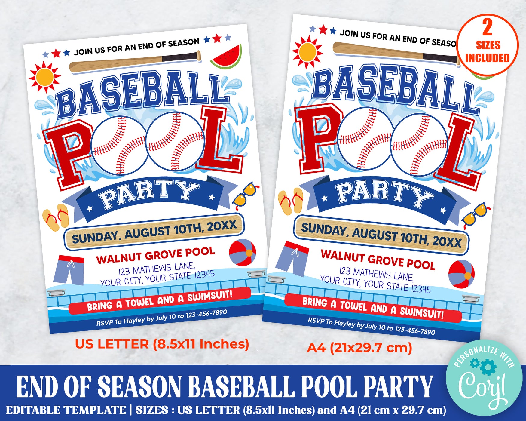 Customizable Baseball Pool Party Flyer Template | End of Season Sports ...