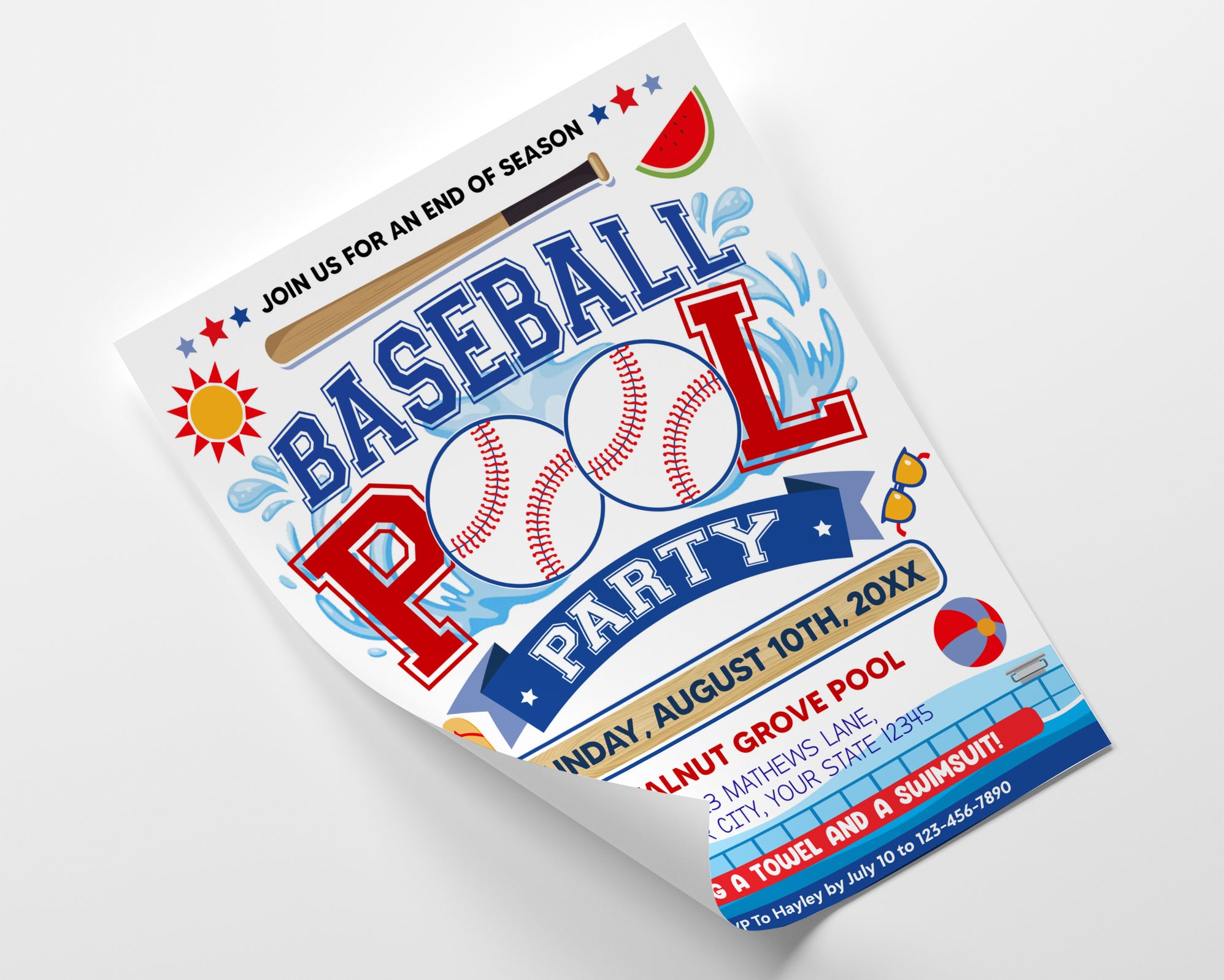 Customizable Baseball Pool Party Flyer Template | End of Season Sports ...