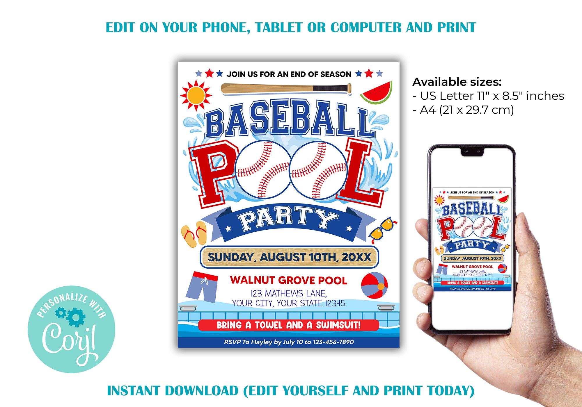 Customizable Baseball Pool Party Flyer Template | End of Season Sports ...