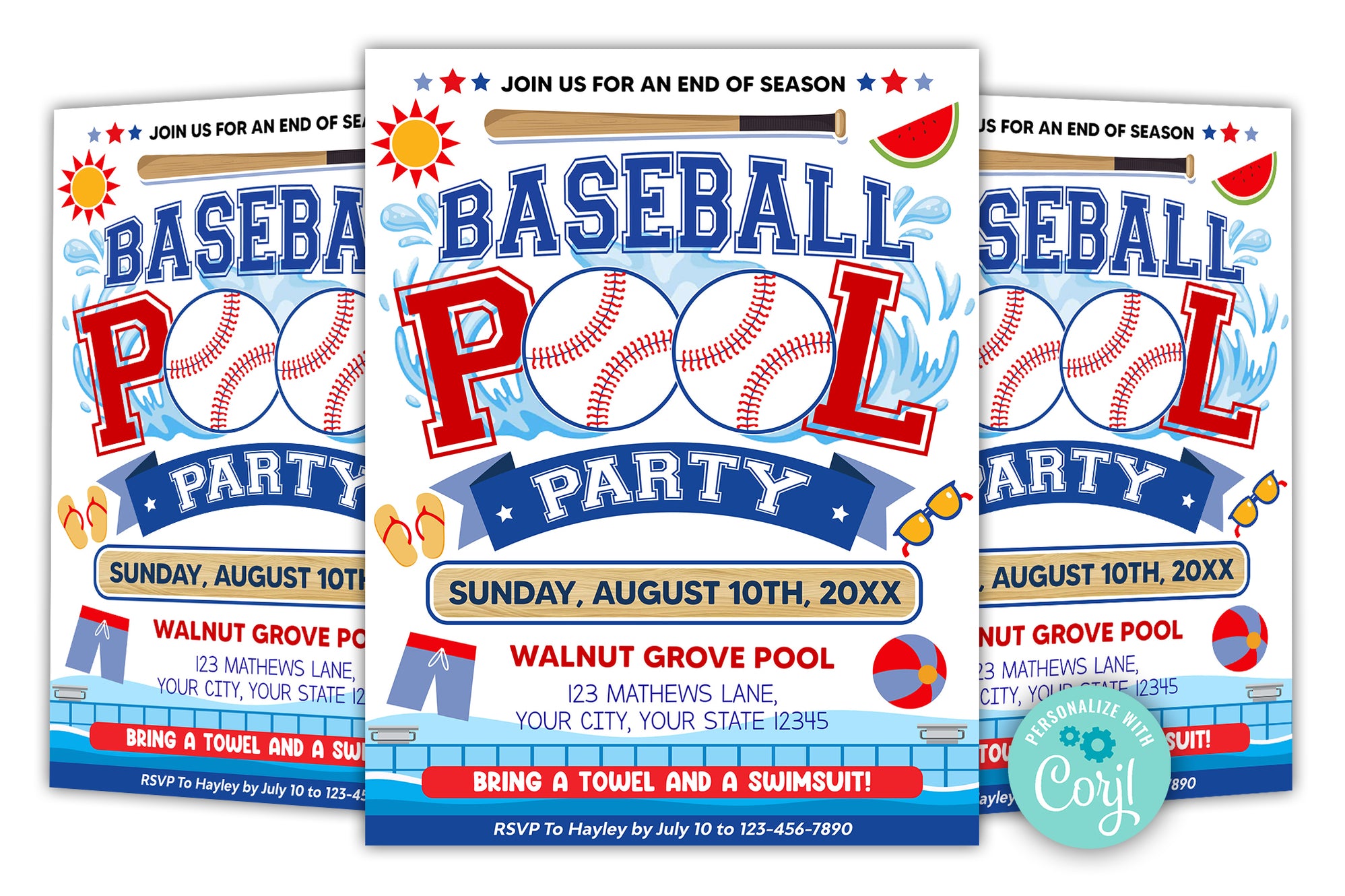 Customizable Baseball Pool Party Flyer Template | End of Season Sports ...
