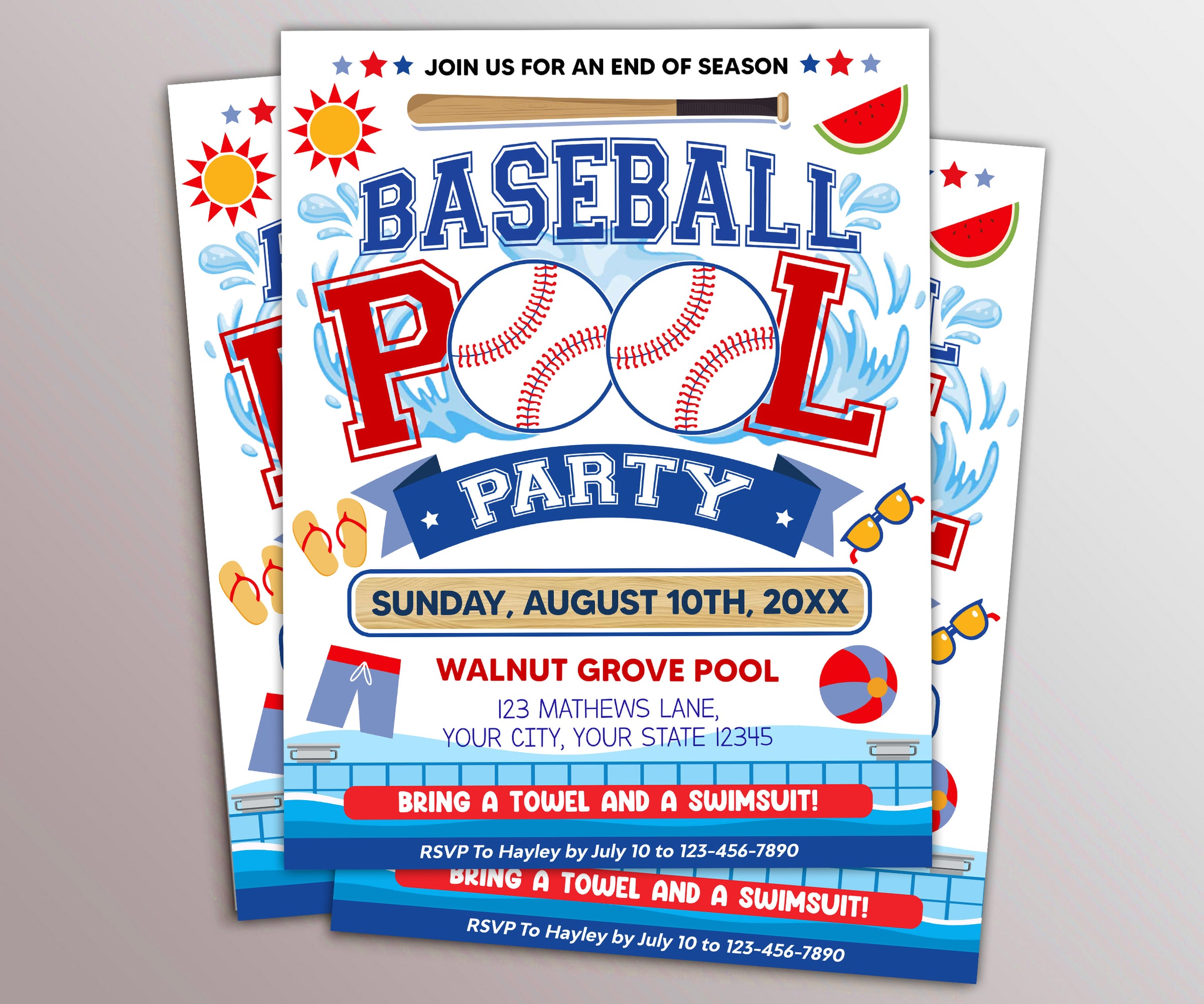 Customizable Baseball Pool Party Flyer Template | End of Season Sports ...